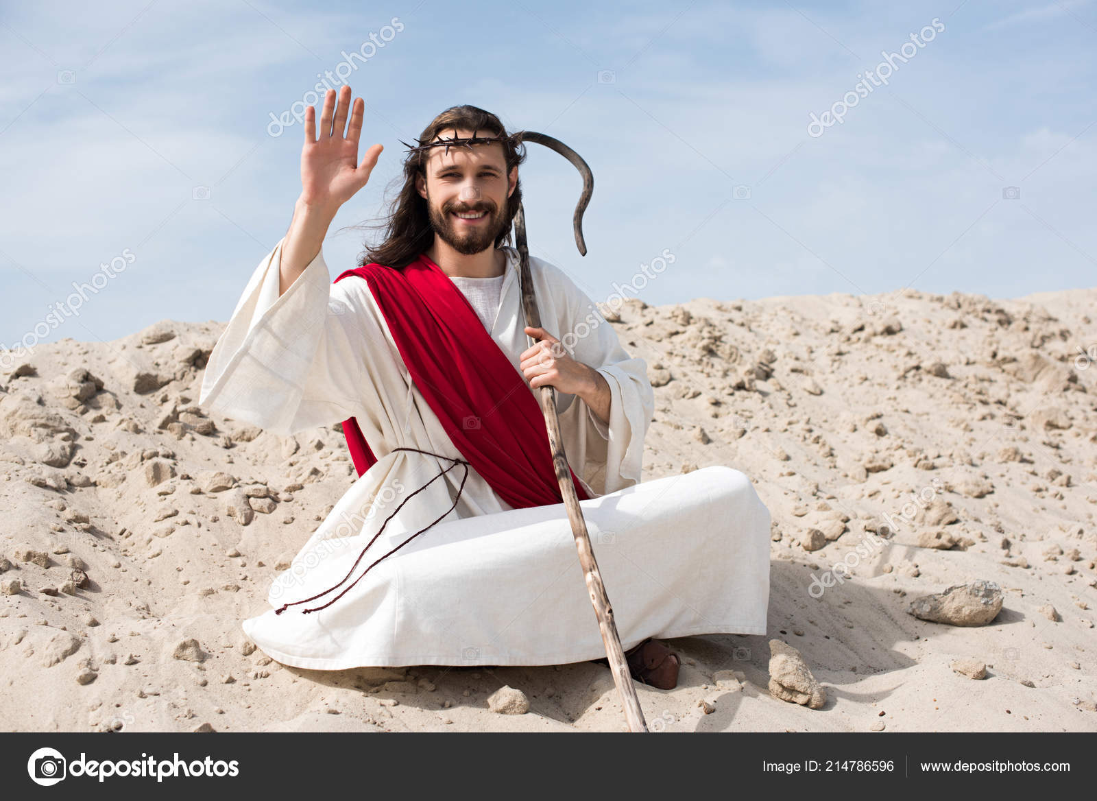 Jesus Robe Red Sash Crown Thorns Sitting Lotus Position Sand Stock ...