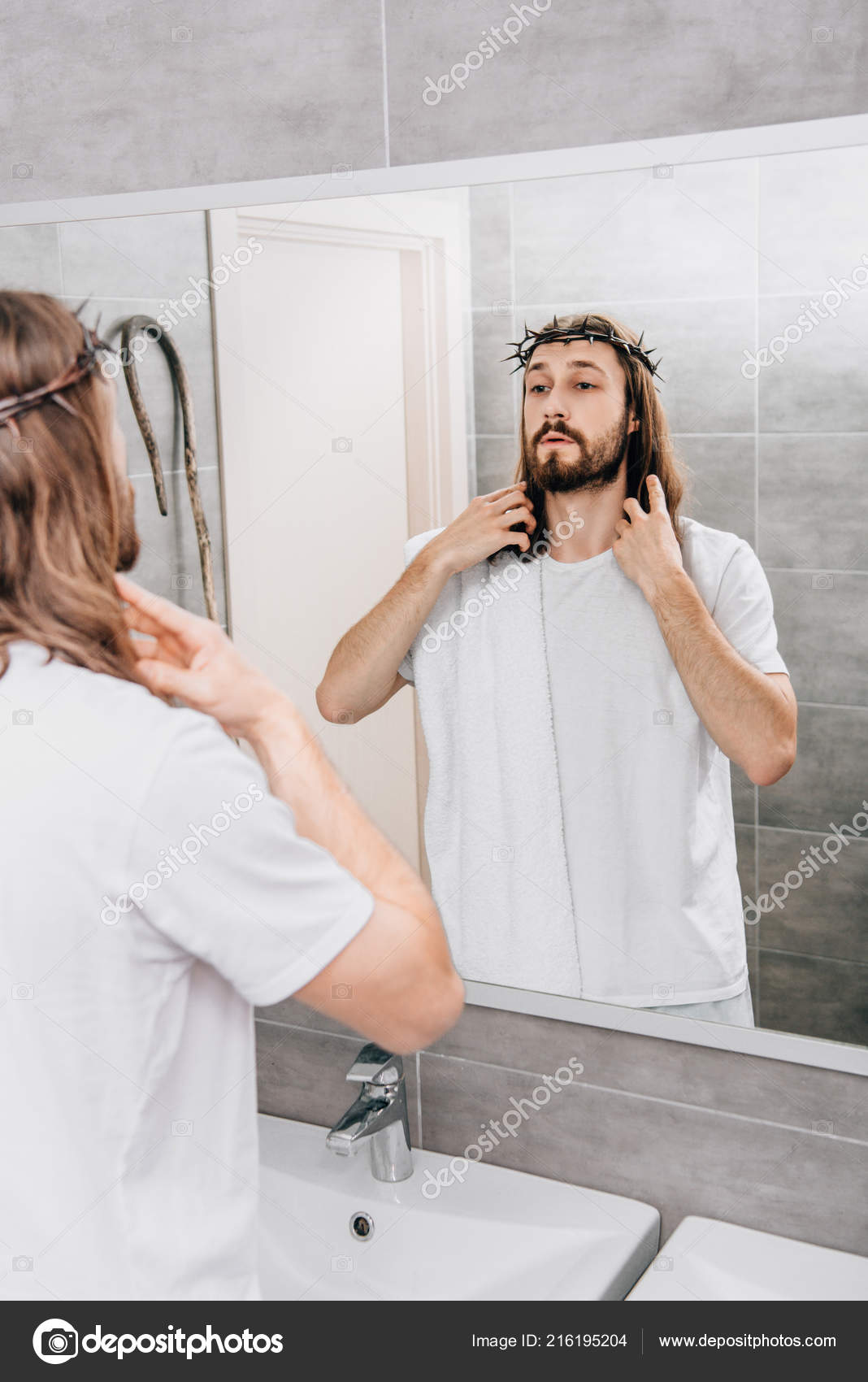 Partial View Jesus Towel Shoulder Looking Own Reflection Bathroom ...