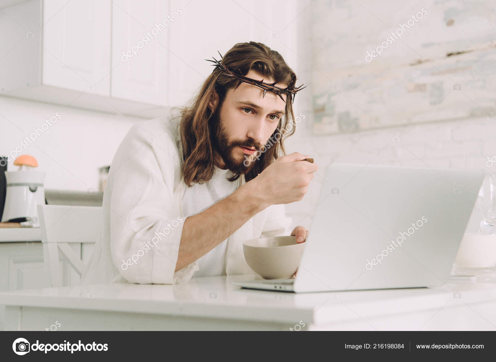 Focused Jesus Eating Corn Flakes Breakfast Table Laptop Kitchen Home ...