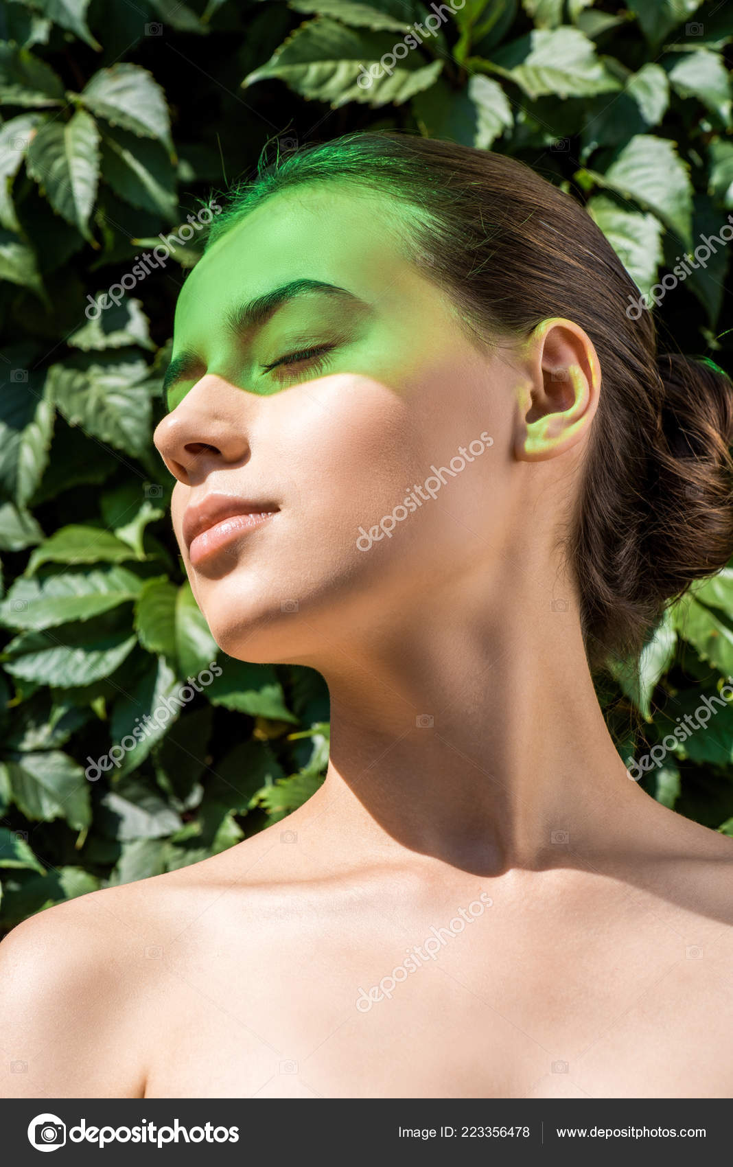 Young Woman Green Shadow Face Leaves Background — Free Stock Photo ...