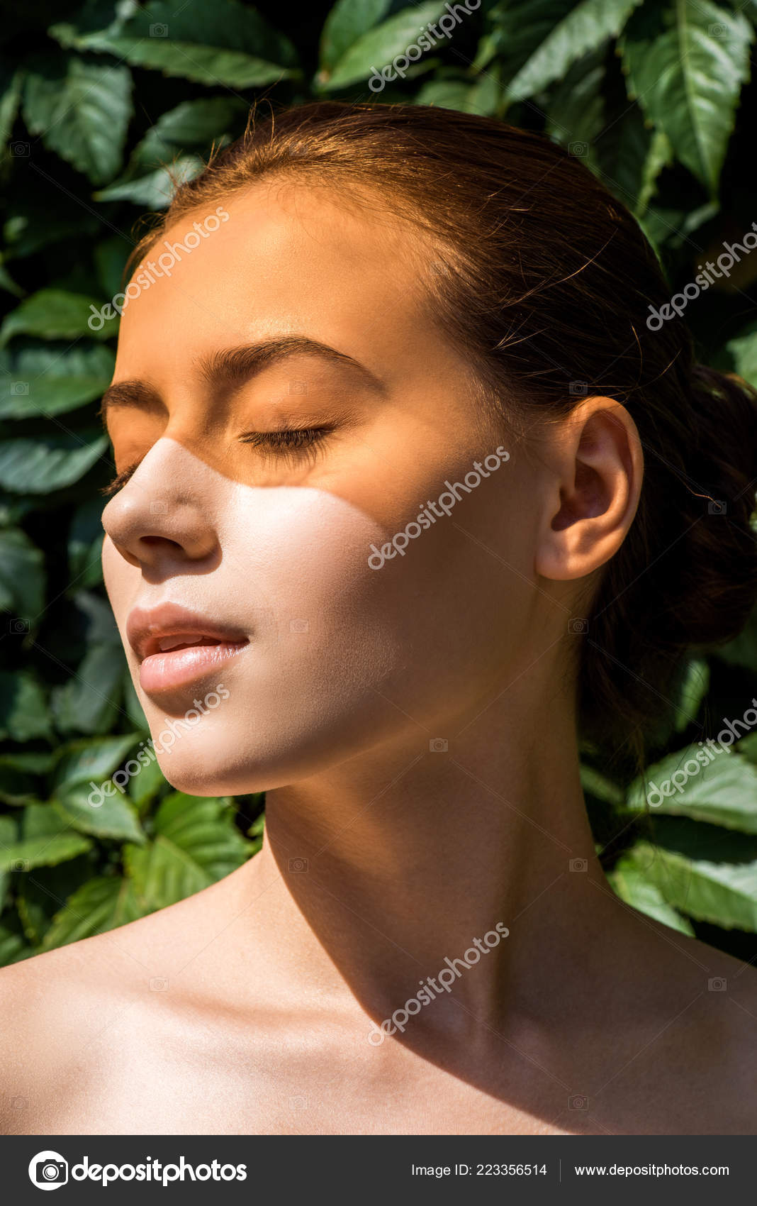 Young Woman Orange Shadow Face Leaves Background — Free Stock Photo ...