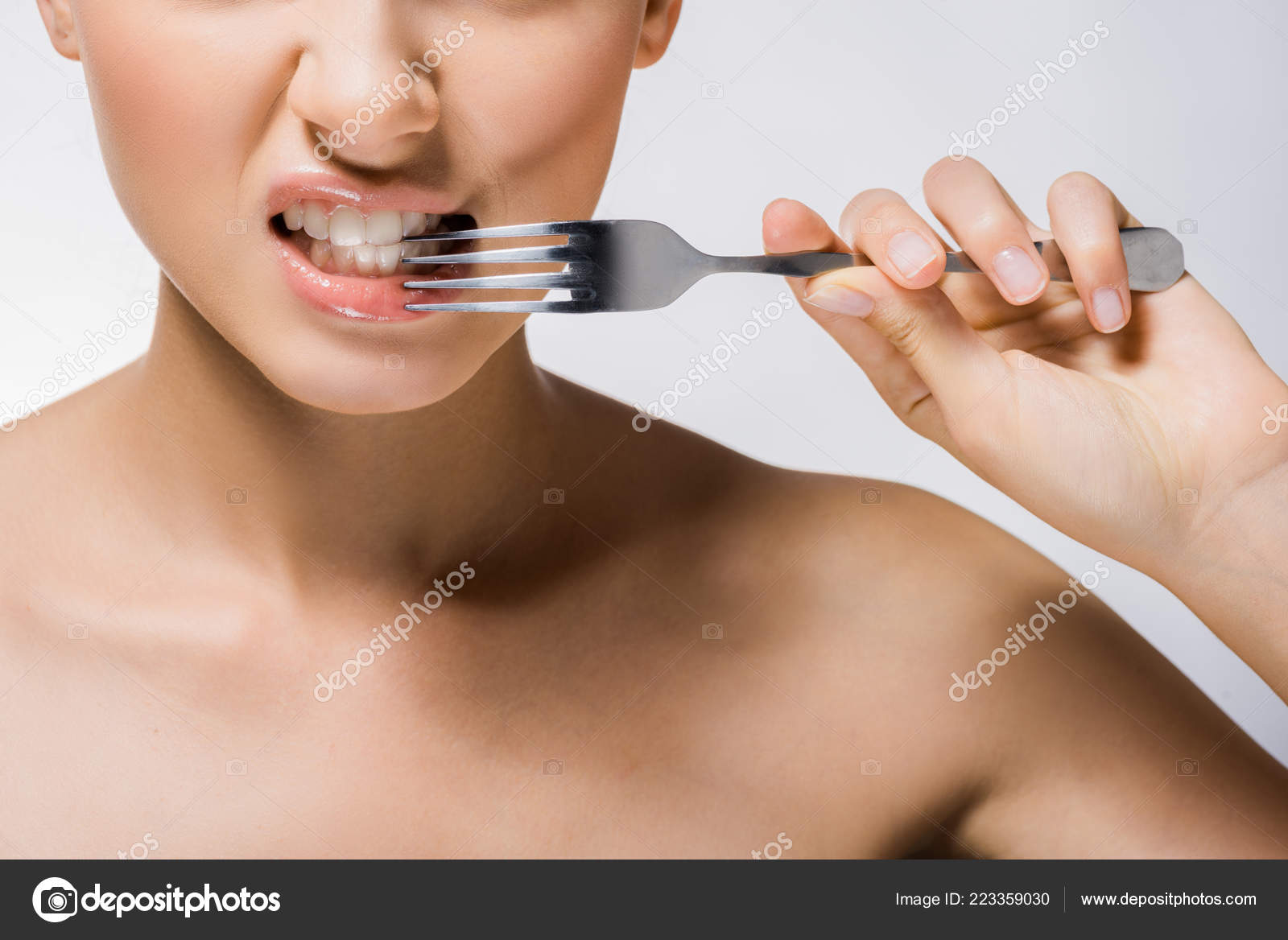 Young Beautiful Woman Holding Silver Fork Teeth — Stock Photo ...