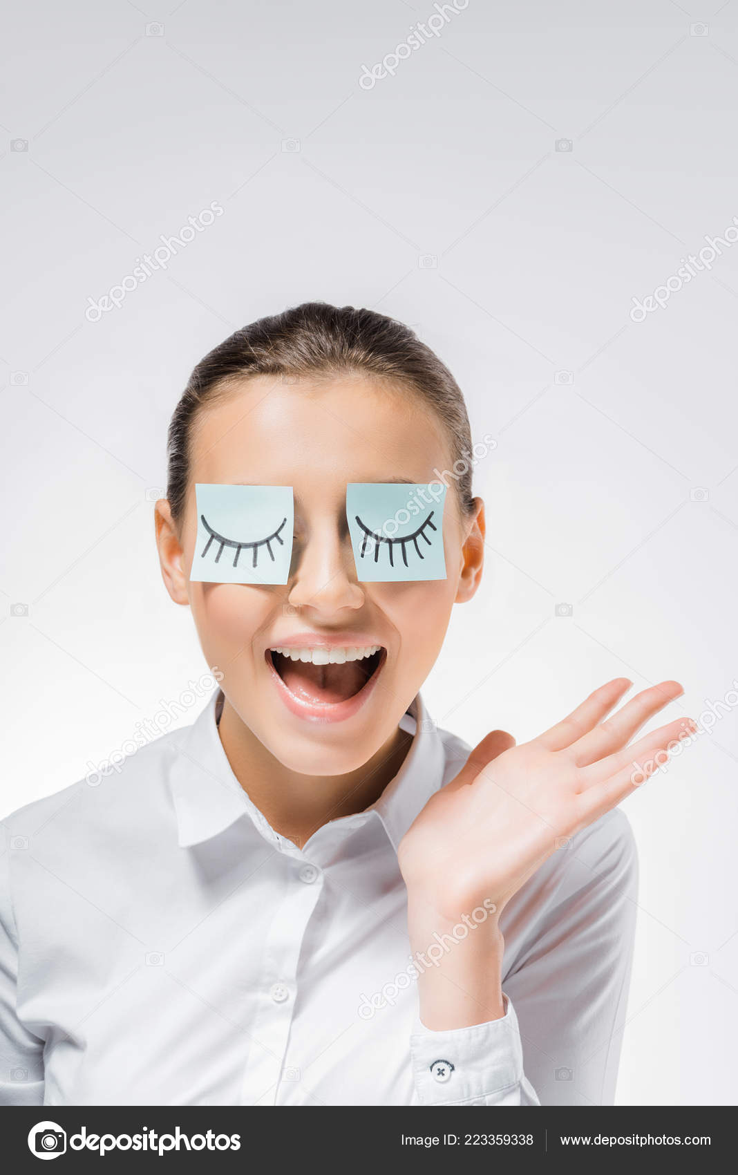 Young Smiling Woman Sticky Notes Eyes Drawn Eyelashes — Stock Photo ...