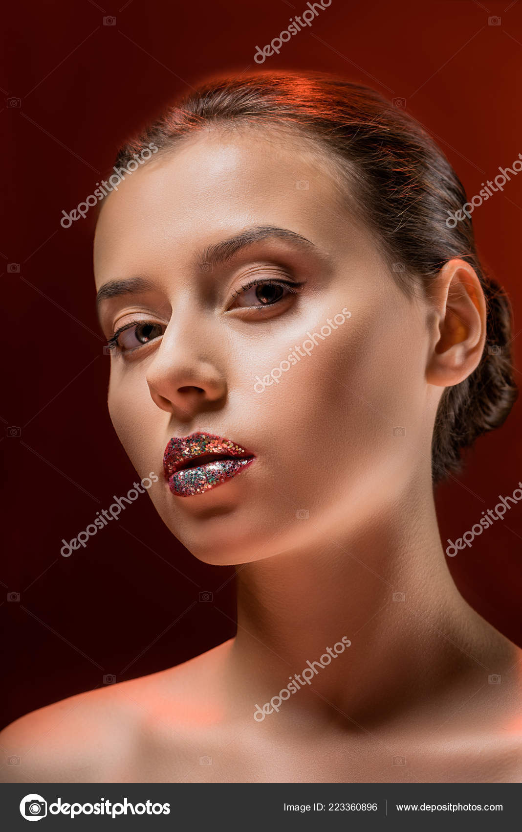 Young Beautiful Woman Shiny Lips Looking Camera Burgundy Background ...