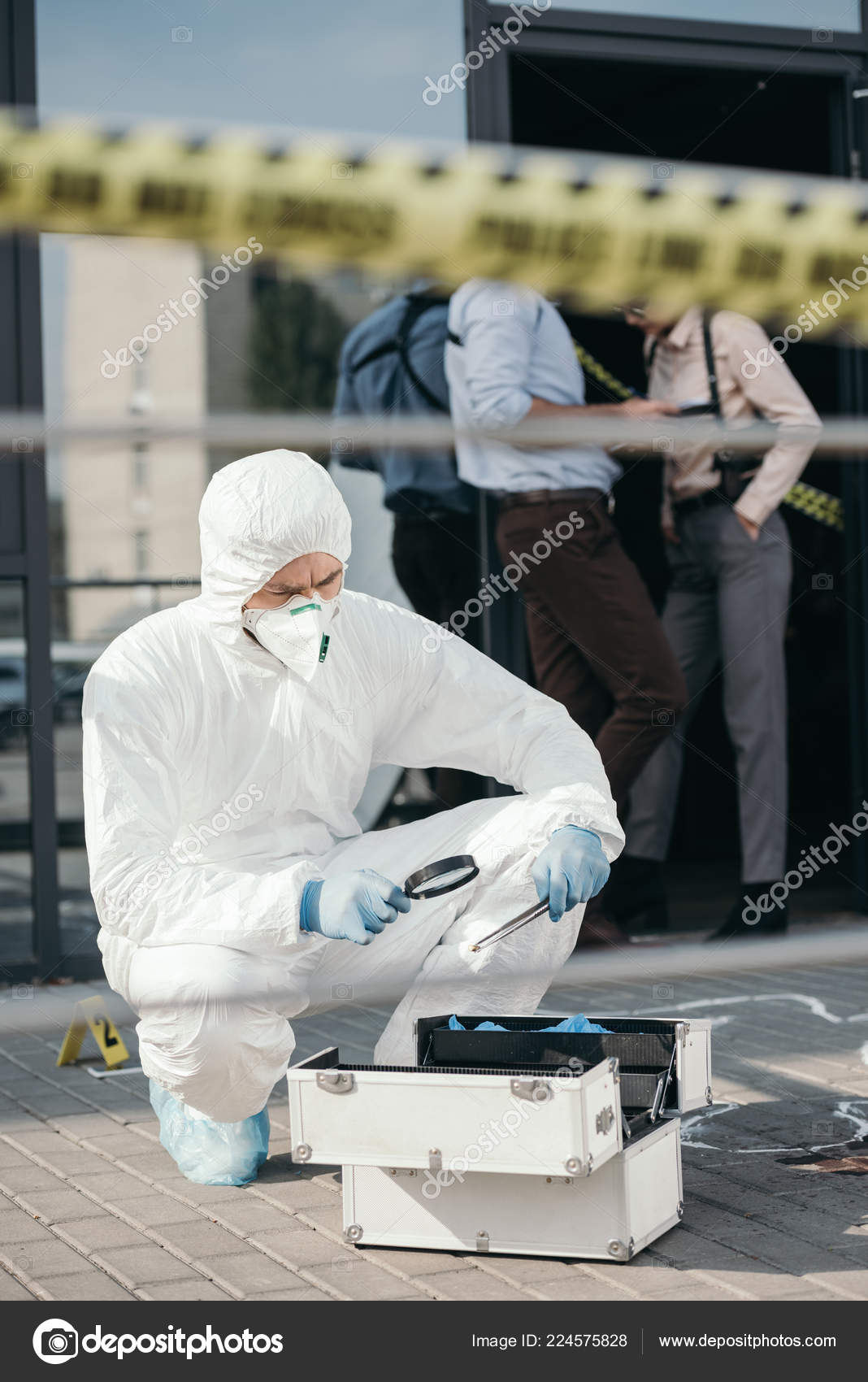 Male Criminologist Protective Suit Latex Gloves Looking Magnifier