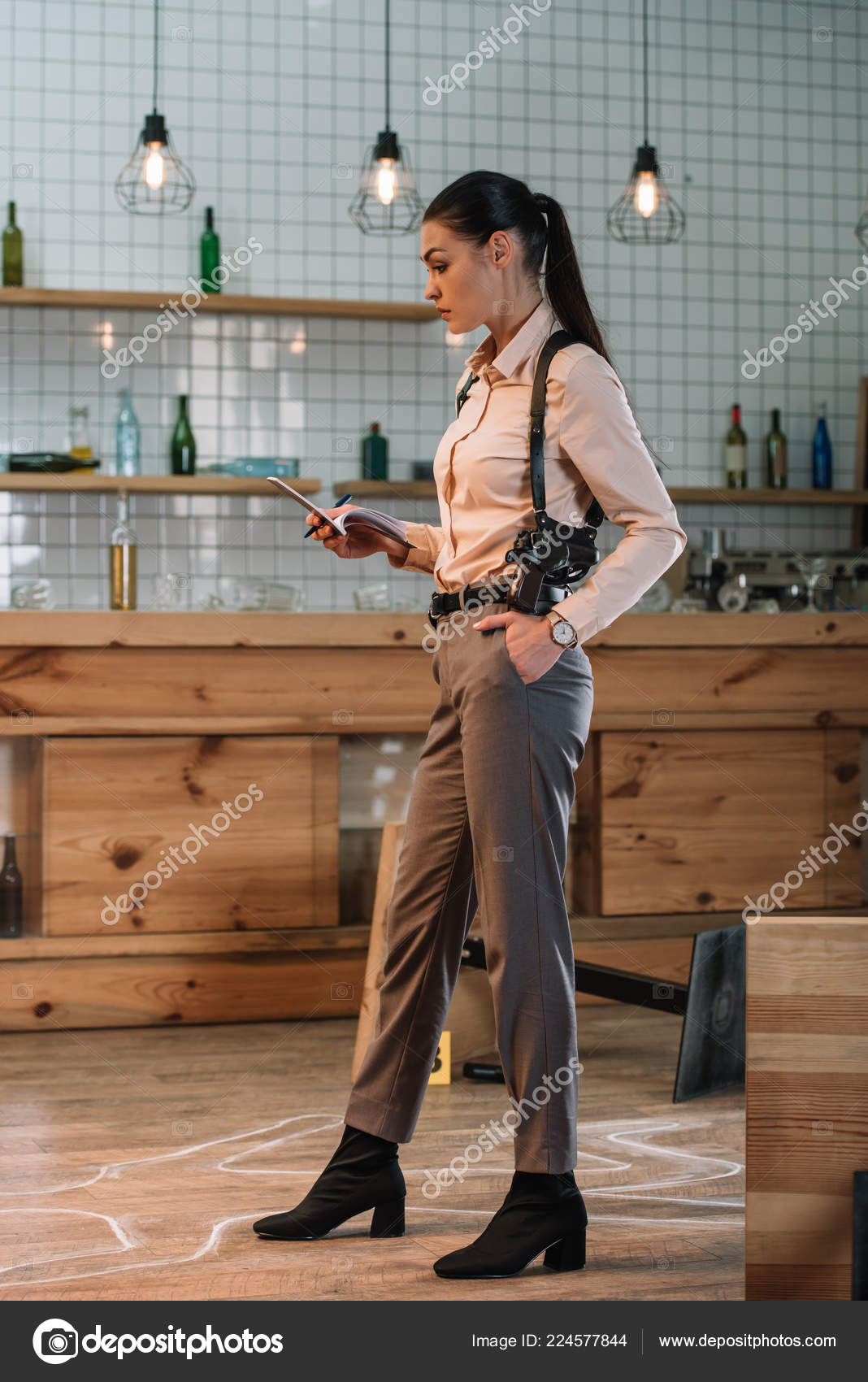 Female Detective Staying Chalk Line Taking Notes Crime Scene Stock ...