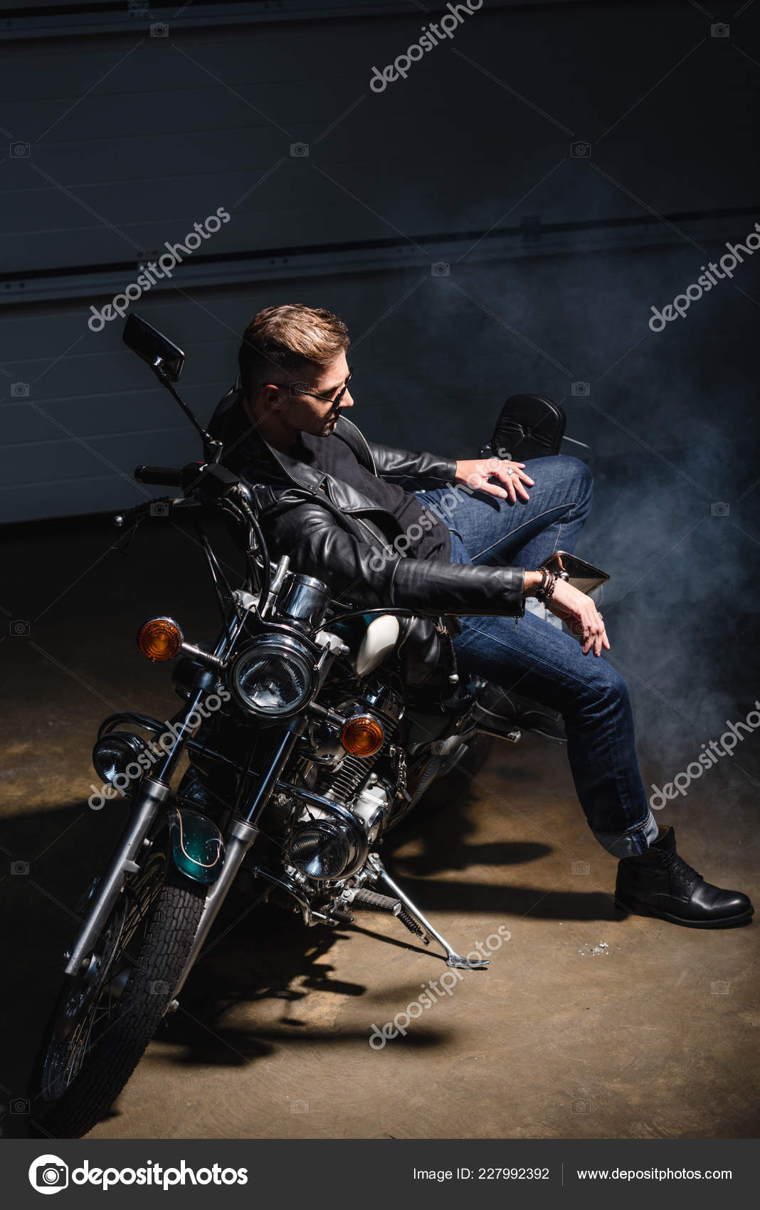 Side View Handsome Guy Sunglasses Sitting Motorcycle Garage — Free ...