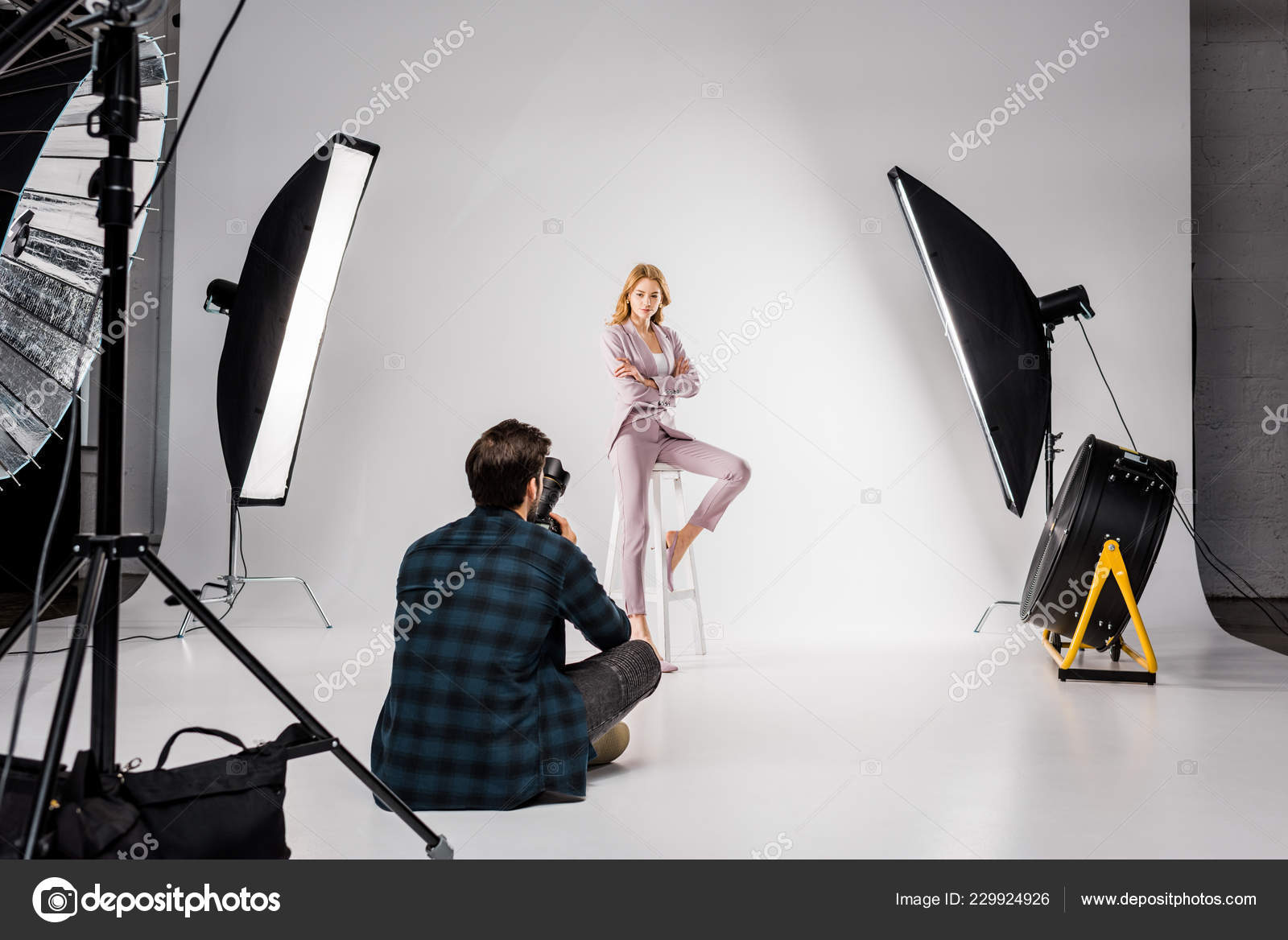 Back View Young Photographer Shooting Beautiful Female Model Studio ...