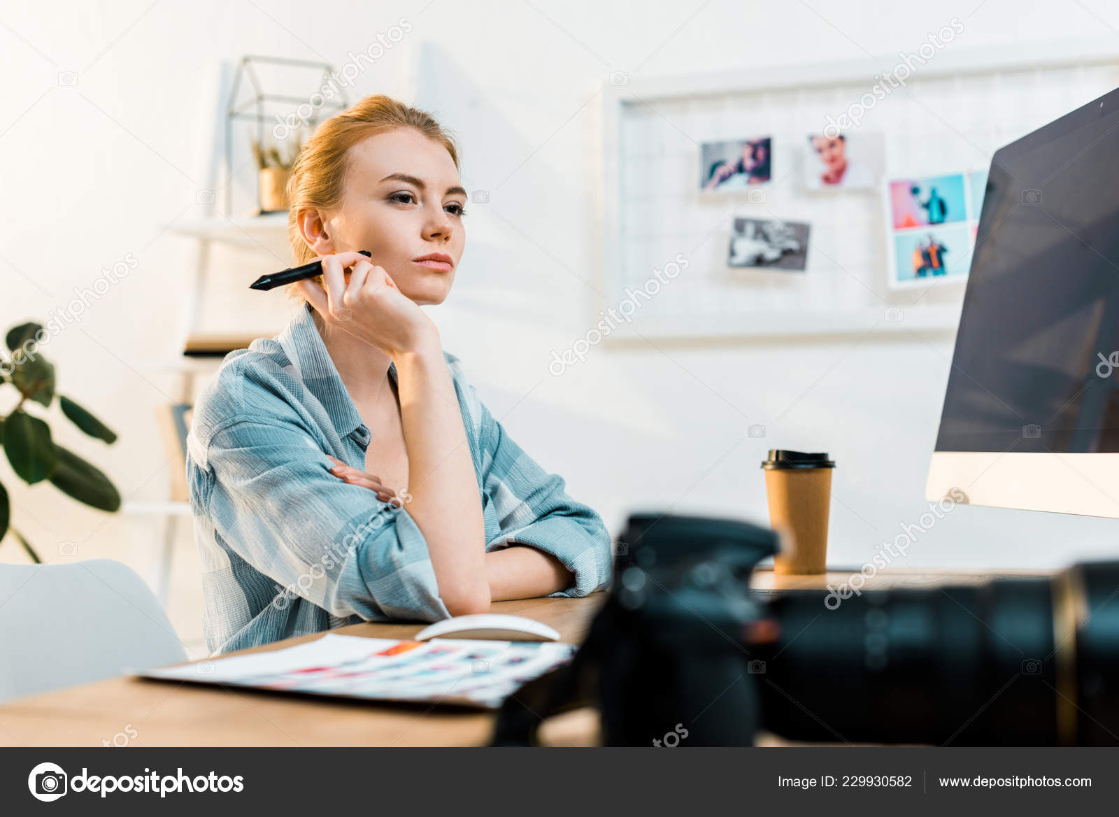 Pensive Young Retoucher Using Desktop Computer Drawing Tablet Office ...