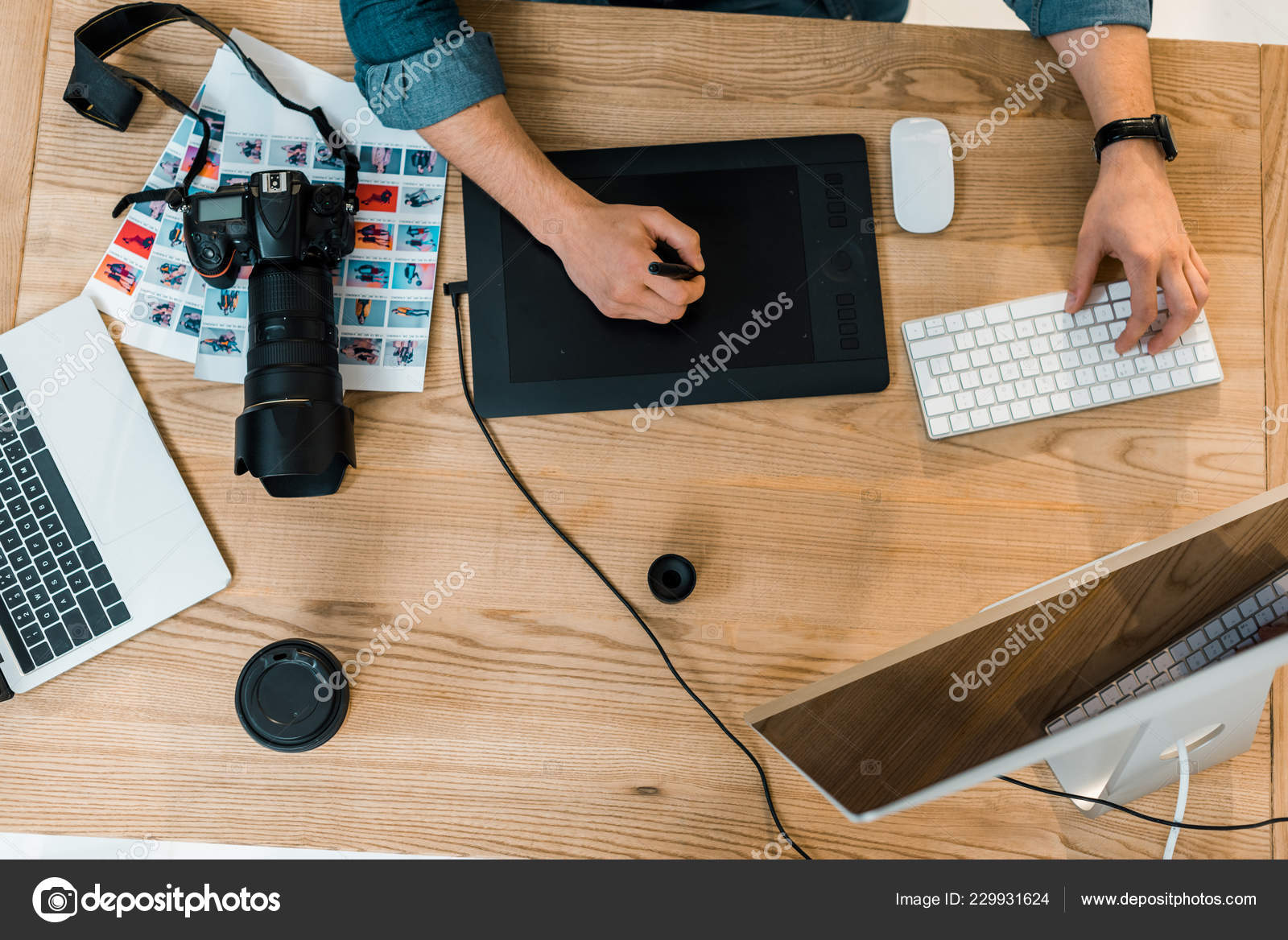 Partial Top View Young Retoucher Working Desktop Computer Drawing ...
