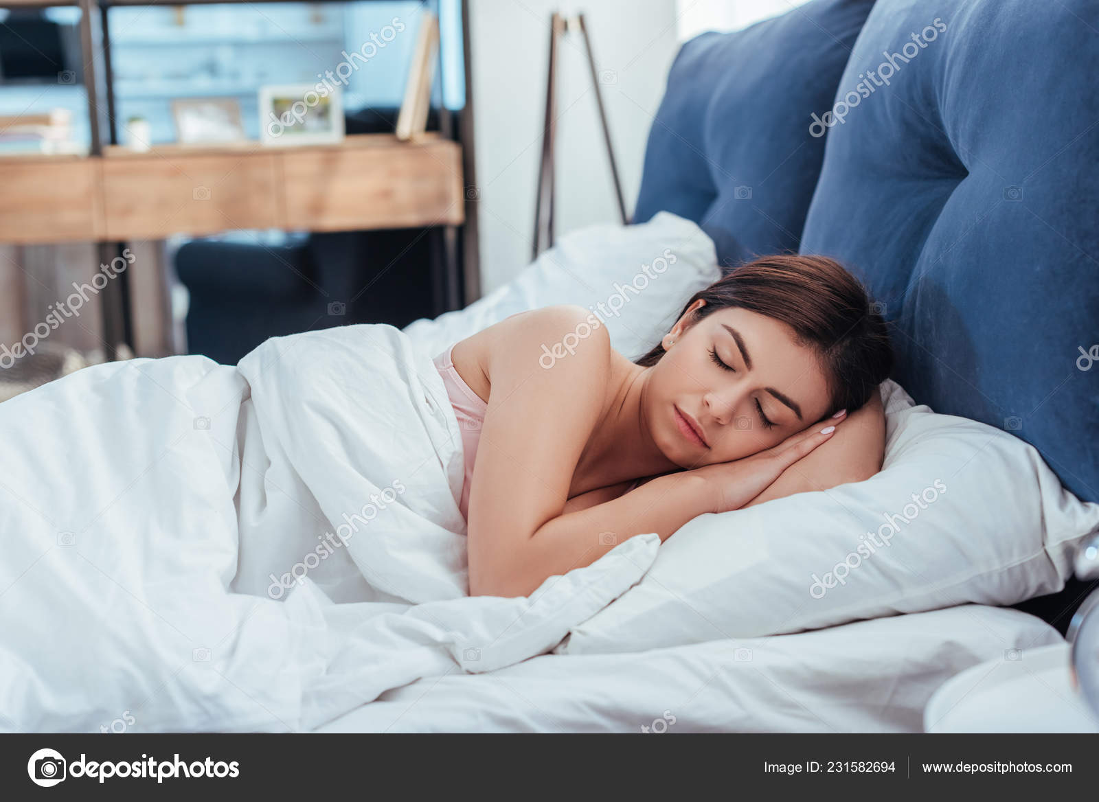 Young Beautiful Woman Sleeping Her Bed Morning Time Home — Stock Photo ...