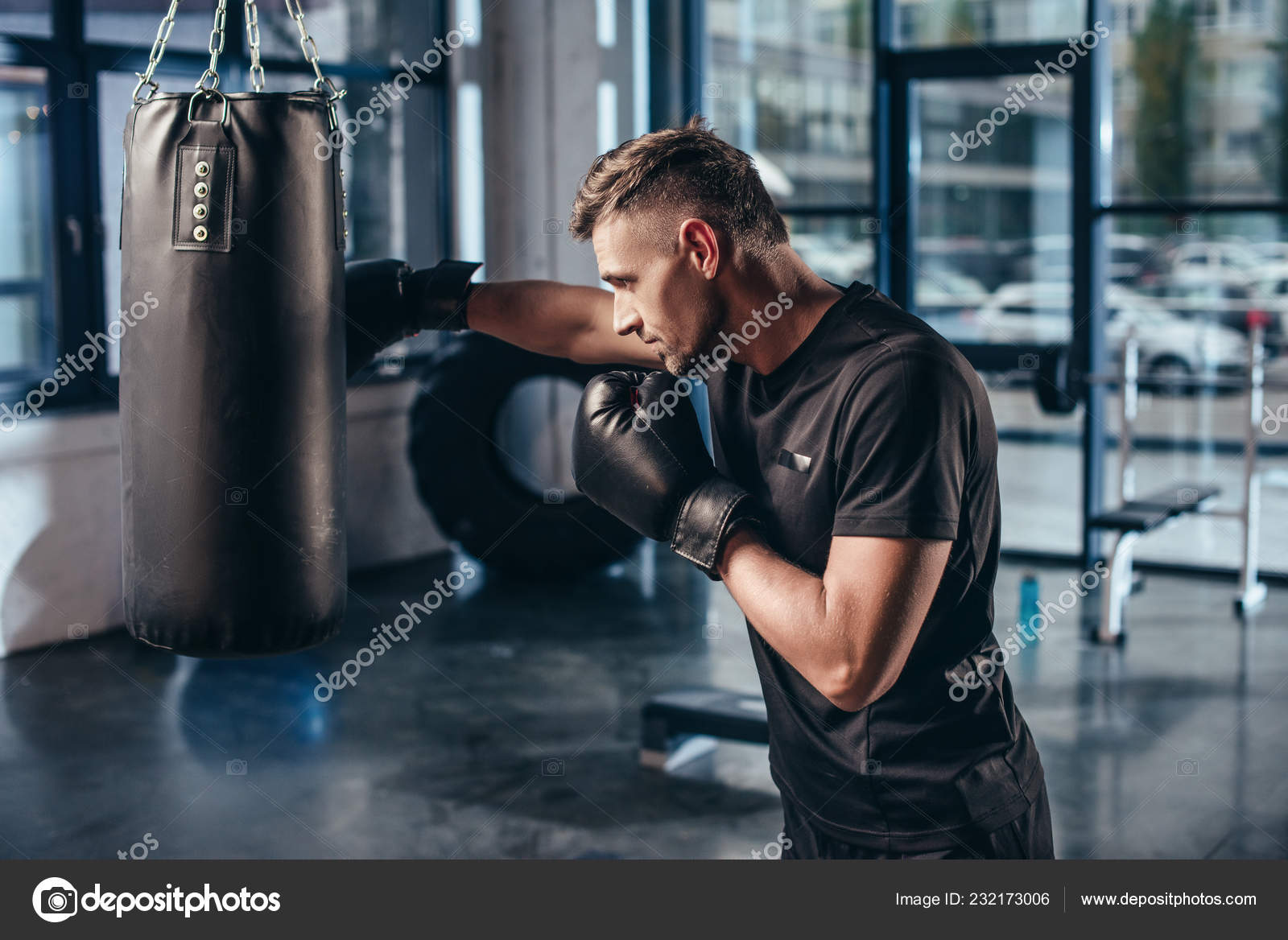 Side View Handsome Muscular Boxer Training Punching Bag Gym Stock Photo ...