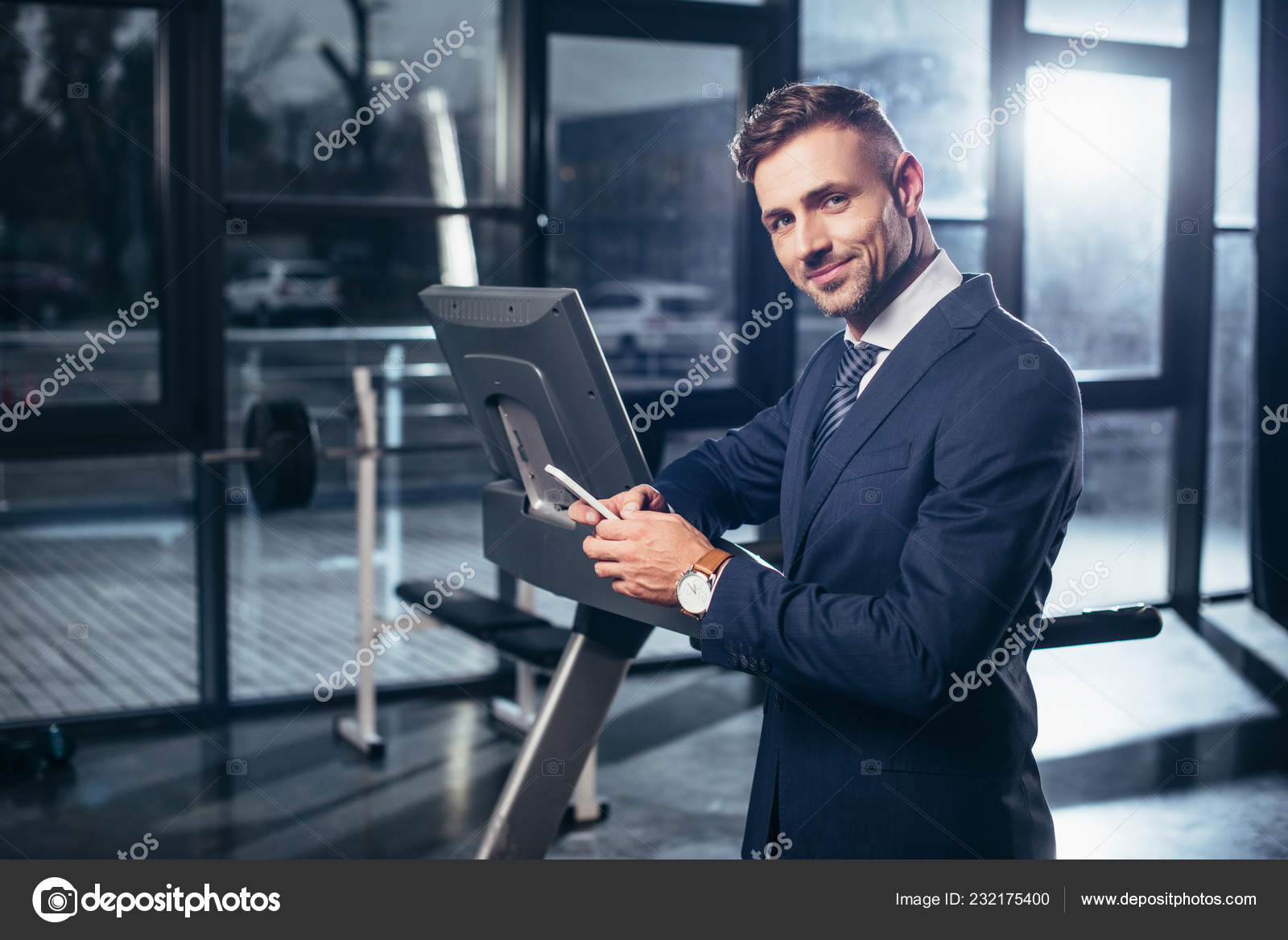 Handsome Businessman Suit Leaning Treadmill Using Smartphone Gym Stock ...