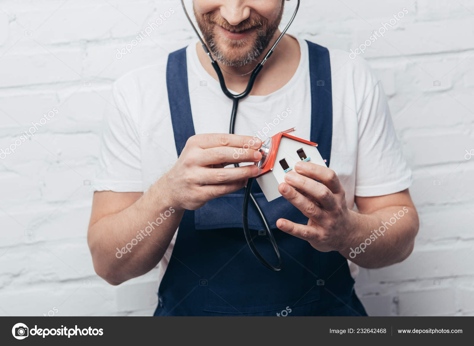Partial View Male Handyman Checking House Figure Stethoscope Home ...