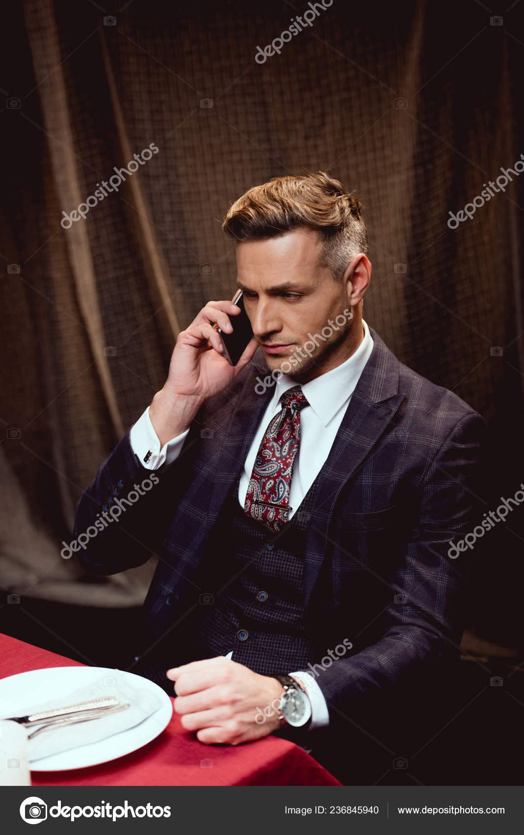 Handsome Man Suit Sitting Table Talking Smartphone Restaurant — Stock ...