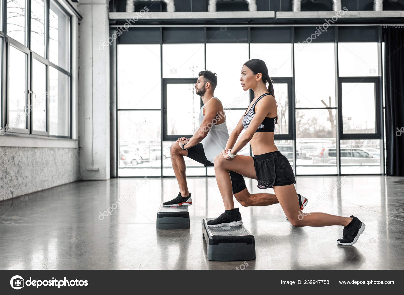 Side View Sportive Young Man Woman Training Step Platforms Gym — Stock ...