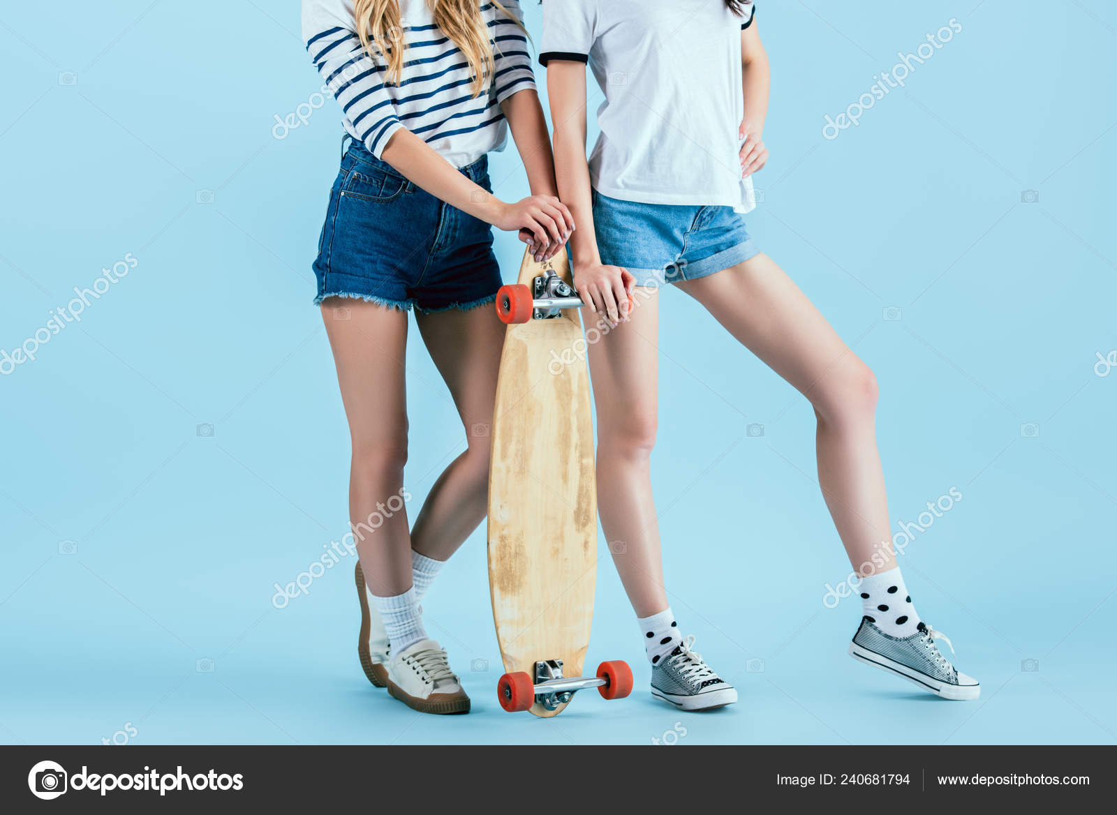 Cropped View Two Girls Posing Longboard Blue Background — Stock Photo ...