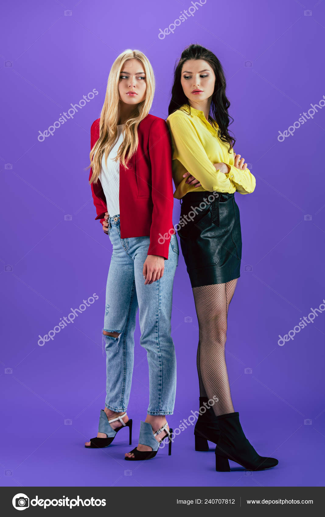 Studio Shot Two Girls Standing Confident Poses Purple Background Stock ...