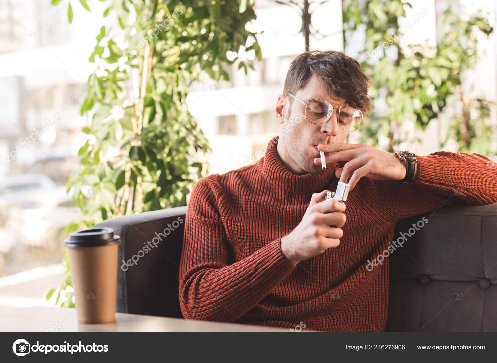 Handsome Man Glasses Smoking Cigarette Paper Cup Coffee Cafe Stock ...