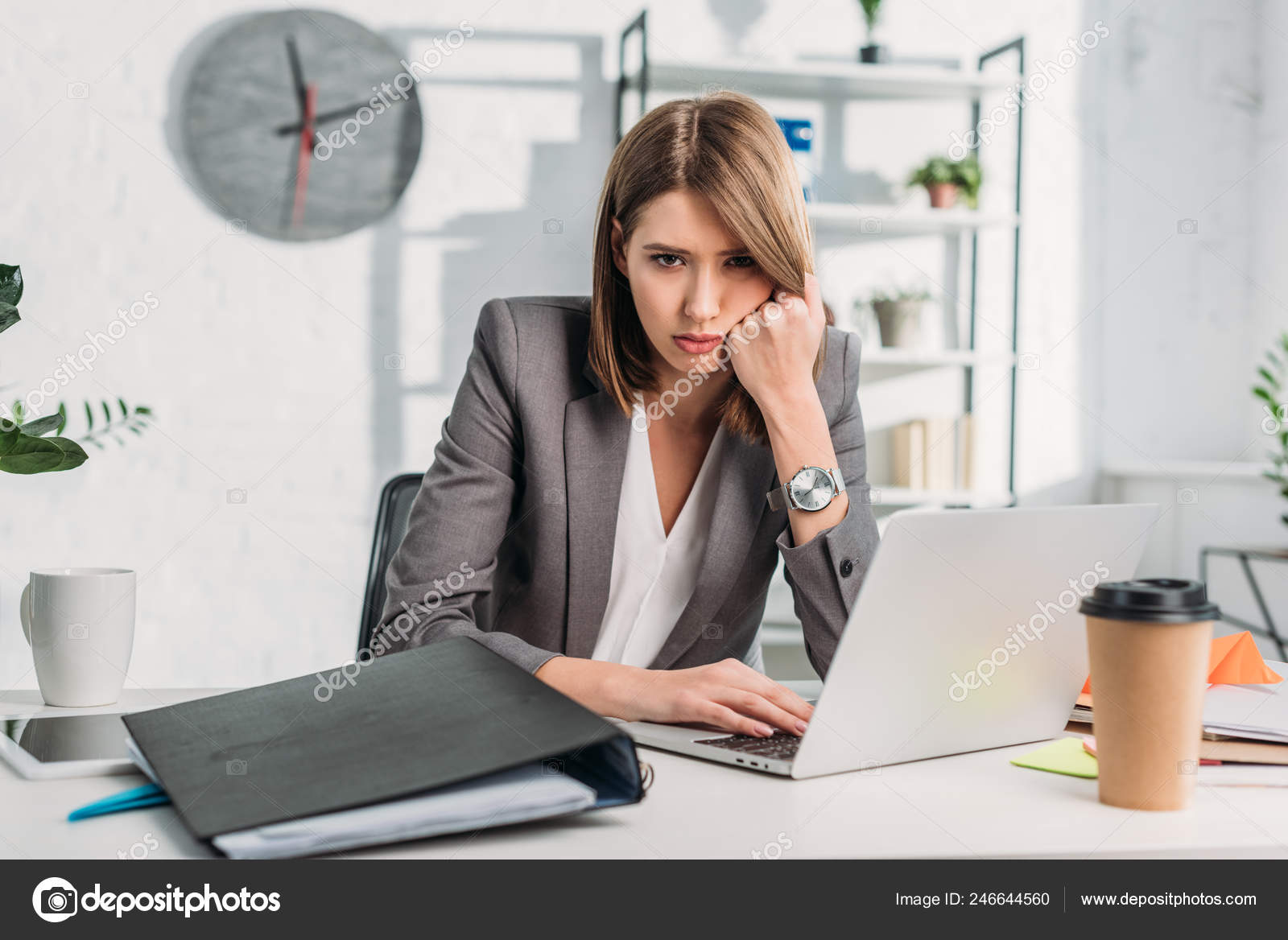 Exhausted Businesswoman Looking Camera While Sitting Laptop Office ...