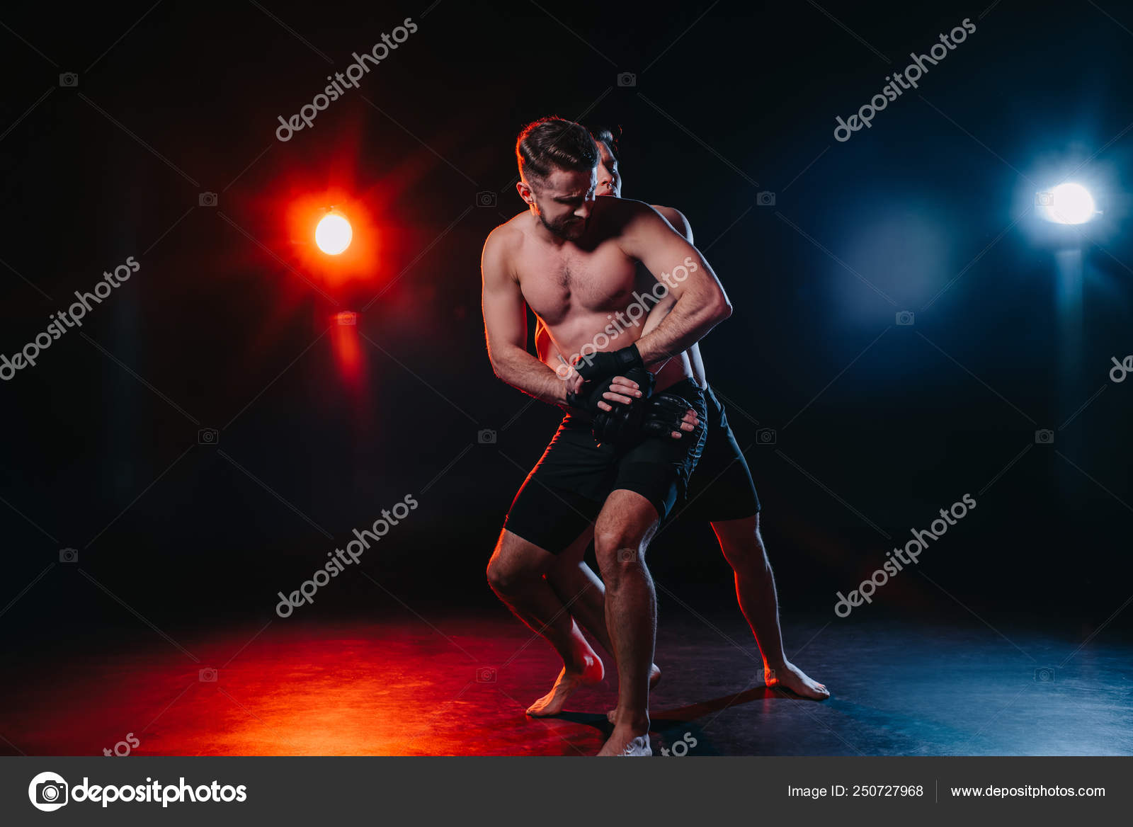 Strong Mma Fighter Doing Clinch Another Sportsman Back — Stock Photo ...
