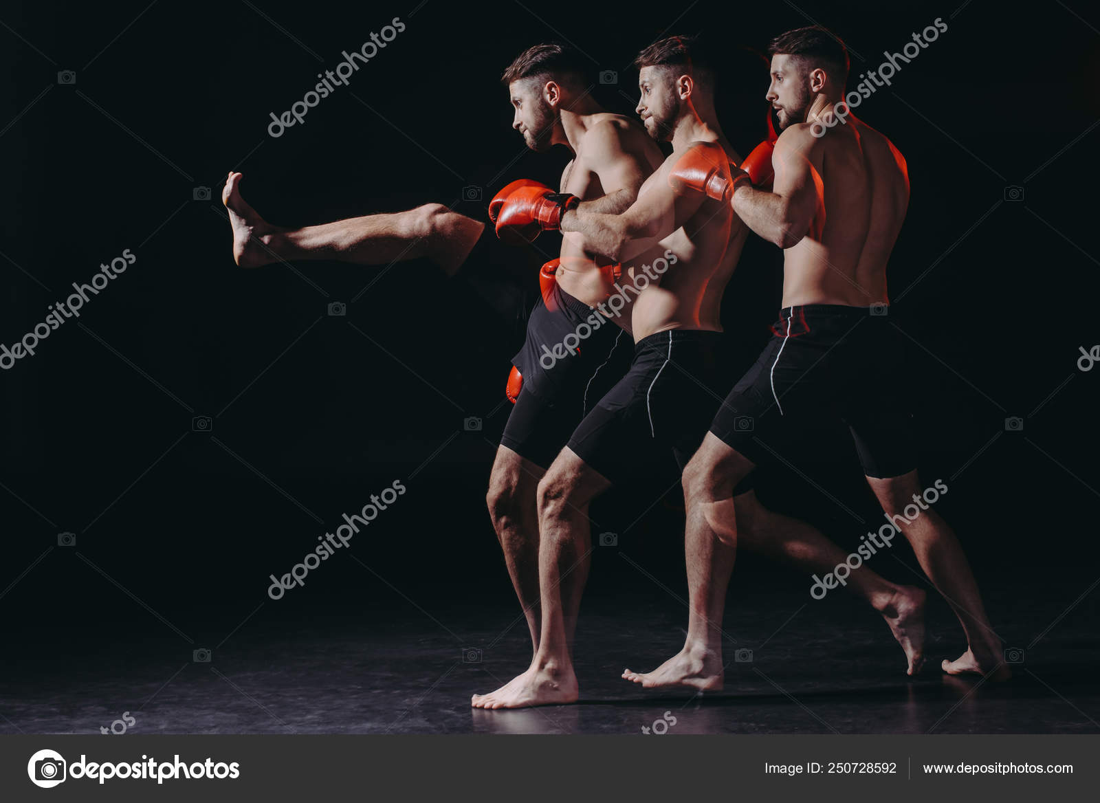 Sequence Shot Shirtless Muscular Boxer Boxing Gloves Doing Kick — Stock ...