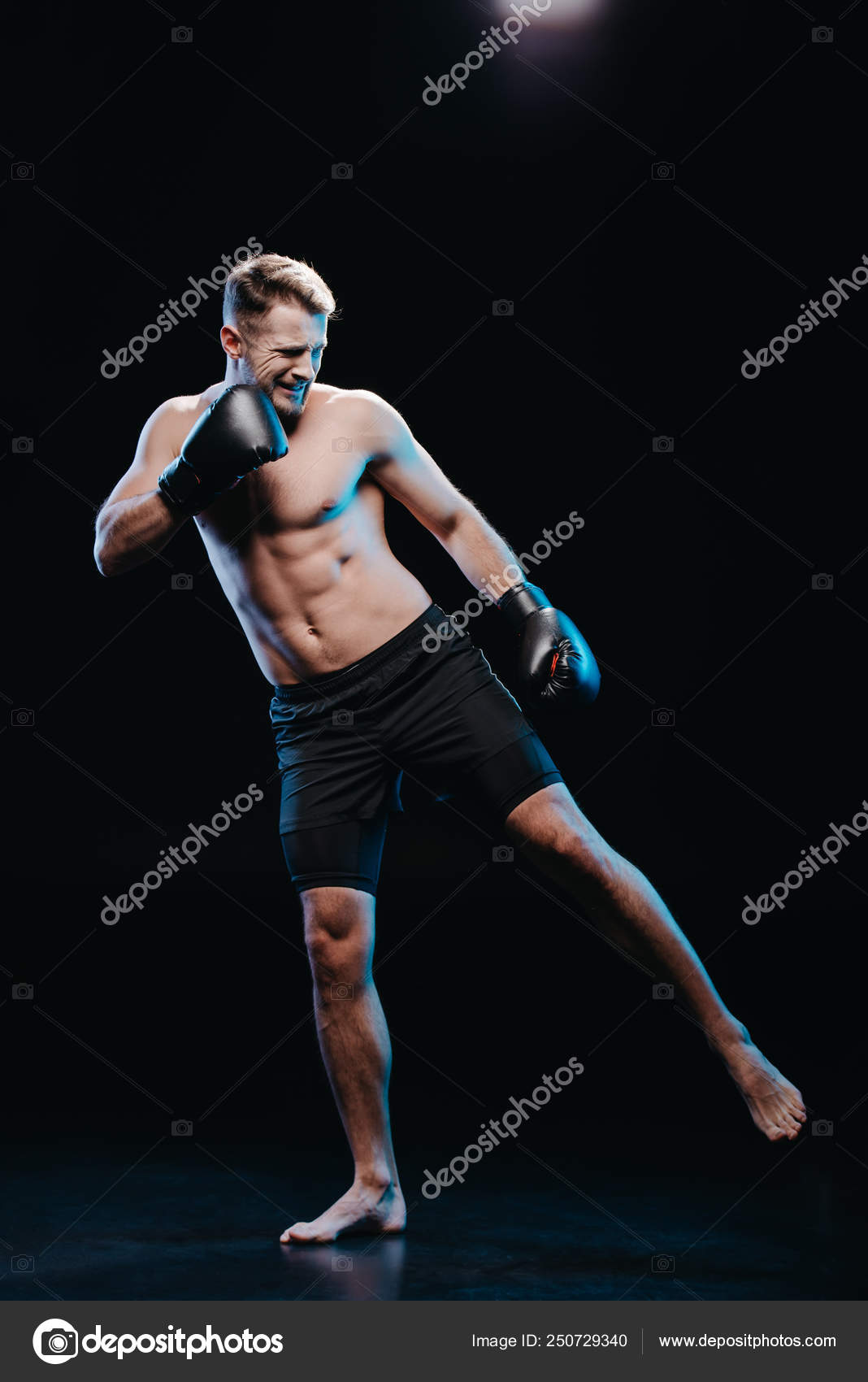 Front View Muscular Barefoot Strenuous Boxer Boxing Gloves Doing Kick ...