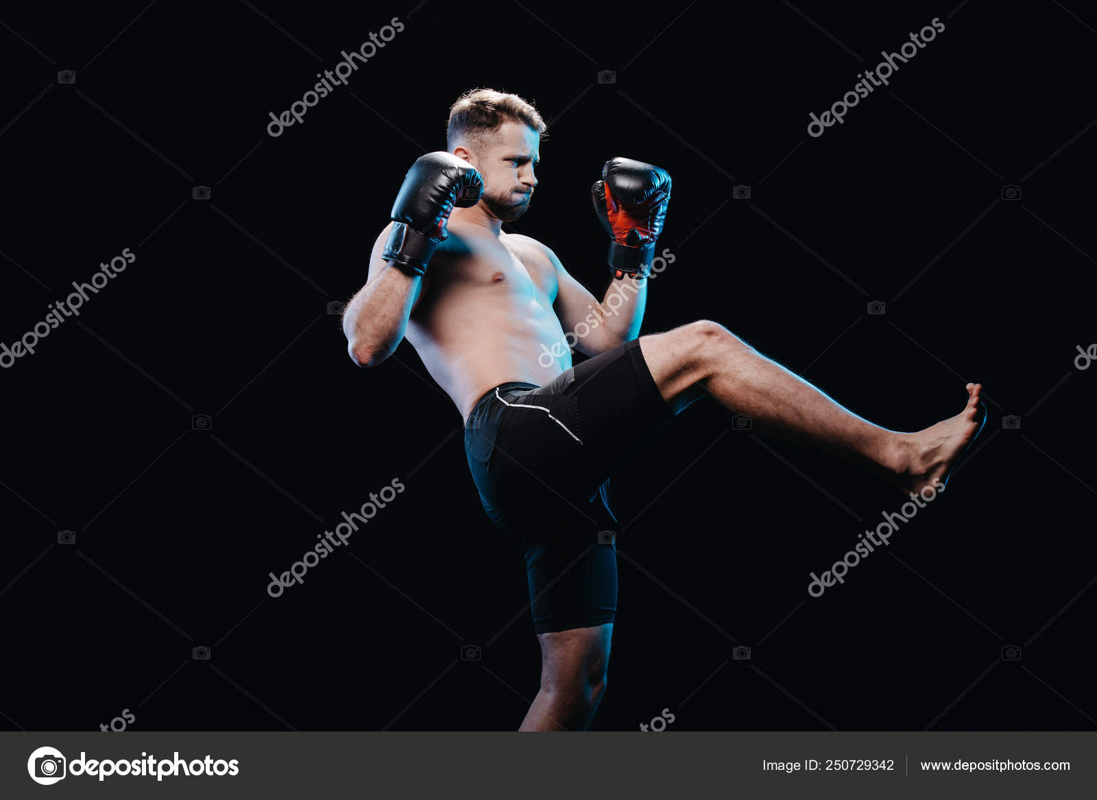 Muscular Barefoot Strenuous Boxer Boxing Gloves Shorts Doing Kick ...