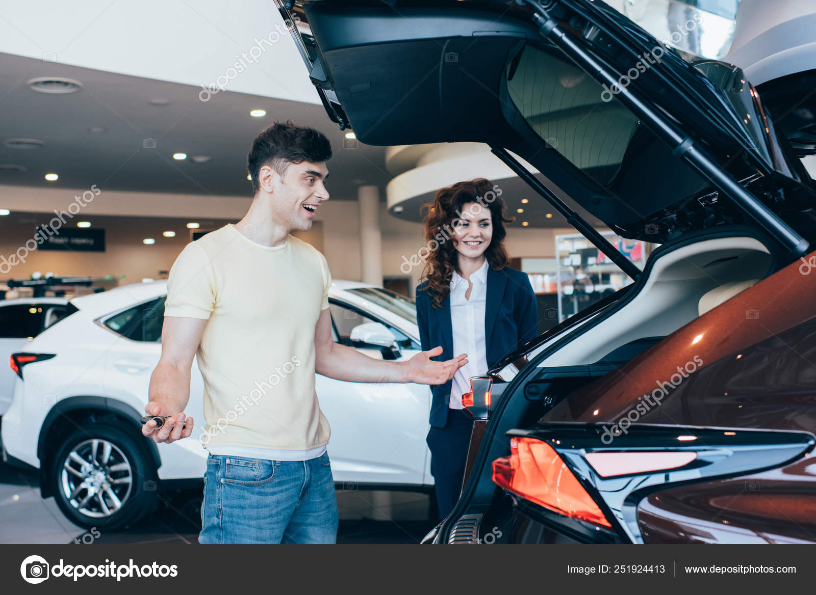 Selective Focus Smiling Car Dealer Happy Customer Standing New Car ...