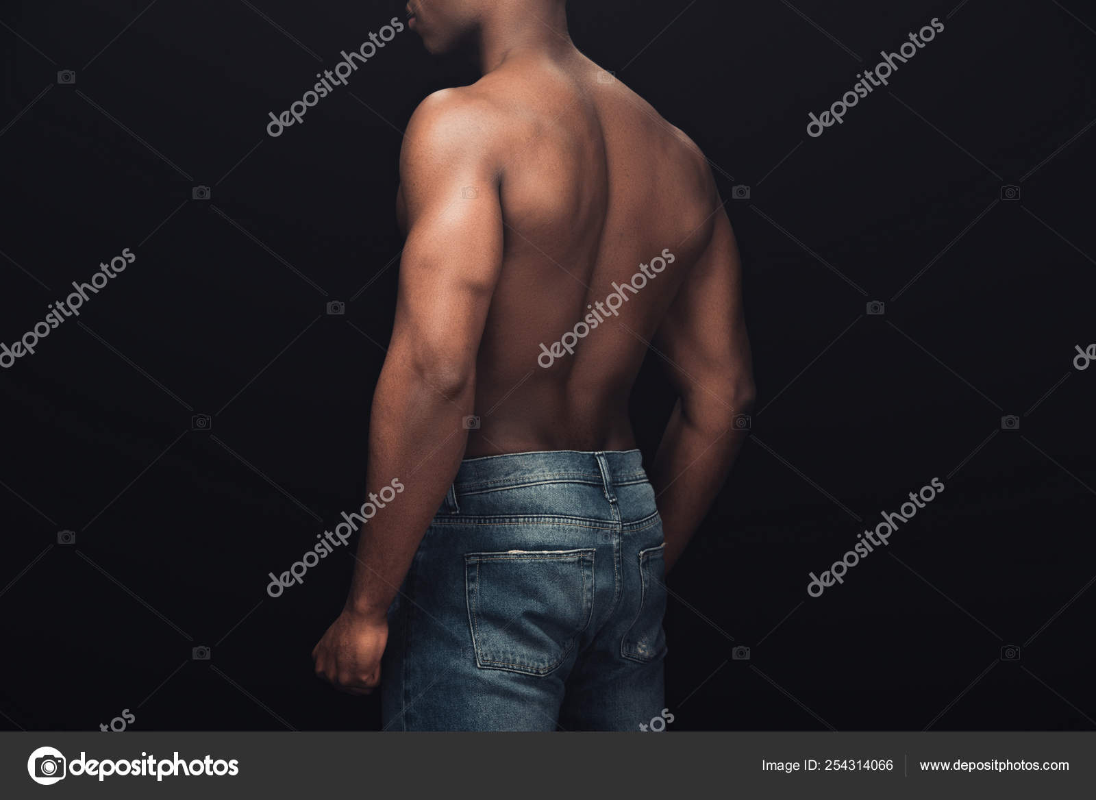 Back View Sexy Muscular African American Man Denim Posing Isolated ...
