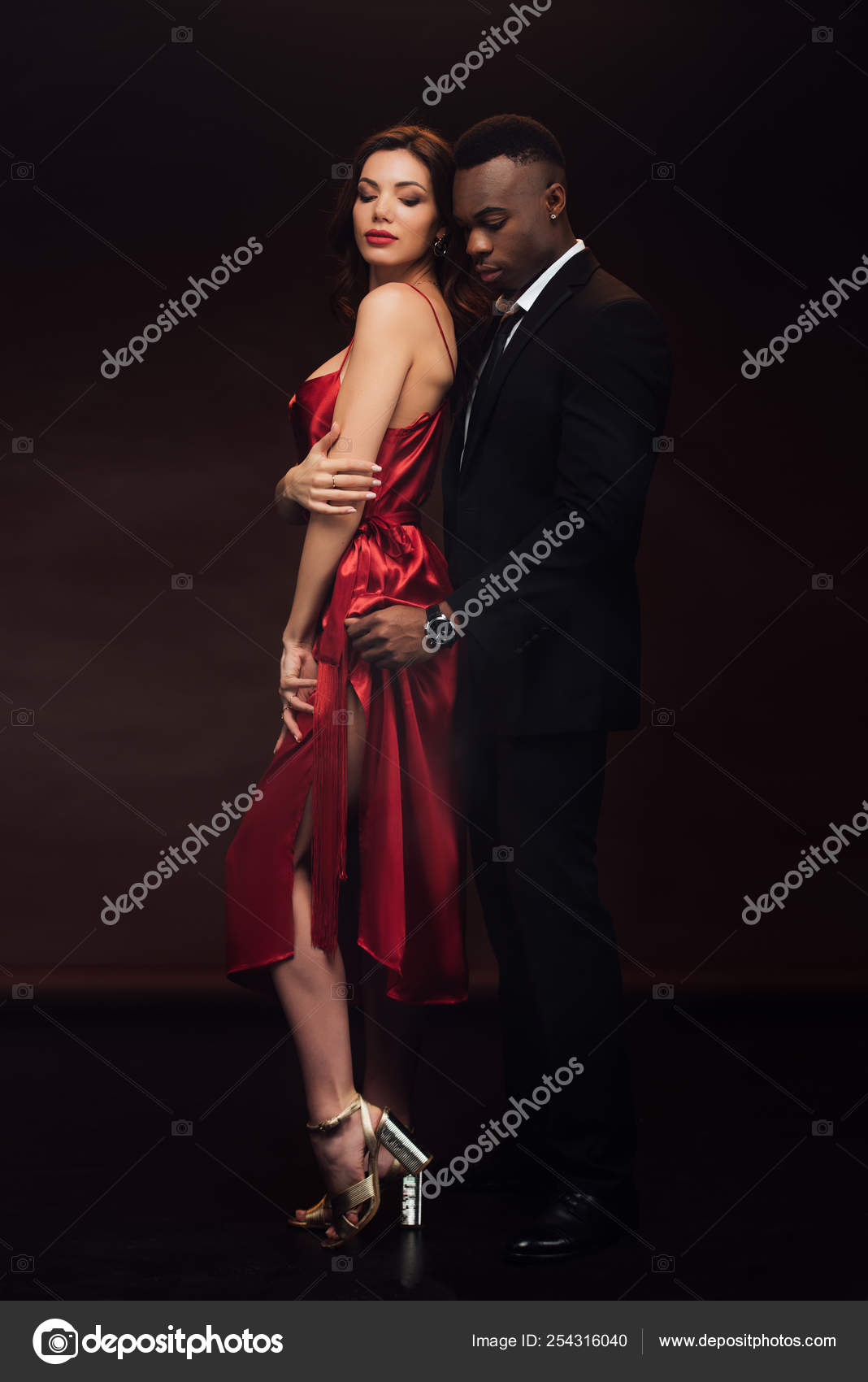 Beautiful Sensual Interracial Couple Formal Wear Posing Isolated Black