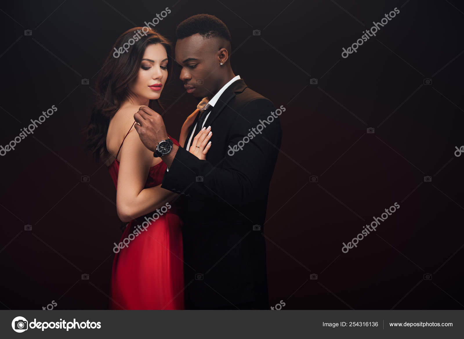 Beautiful Sensual Interracial Couple Formal Wear Embracing Isolated