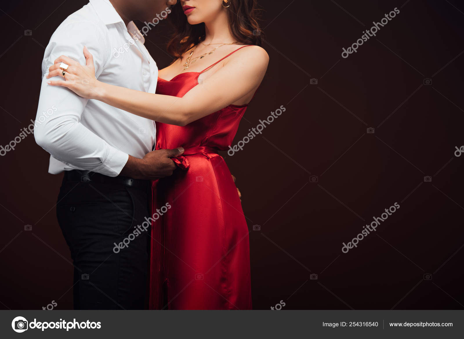 Cropped View Interracial Couple Formal Wear Embracing Isolated Black