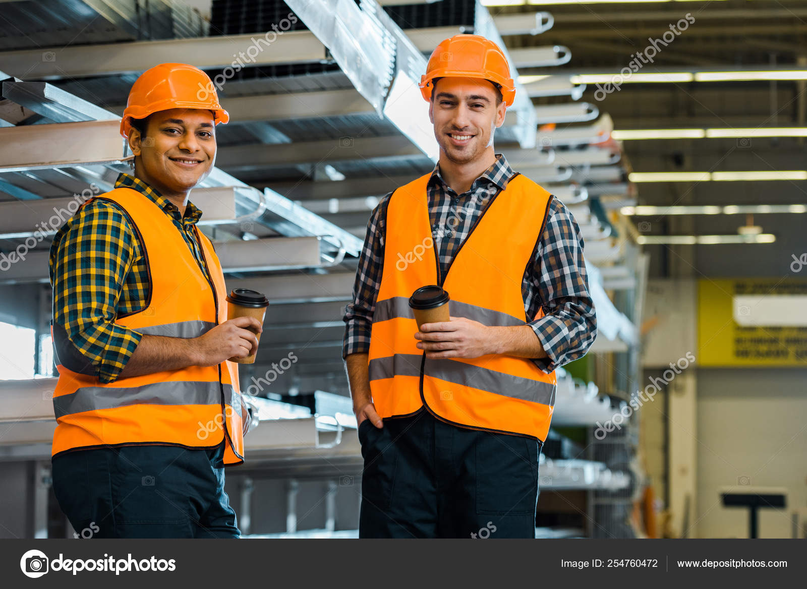 Cheerful Multicultural Workers Holding Paper Cups Looking Camera ...
