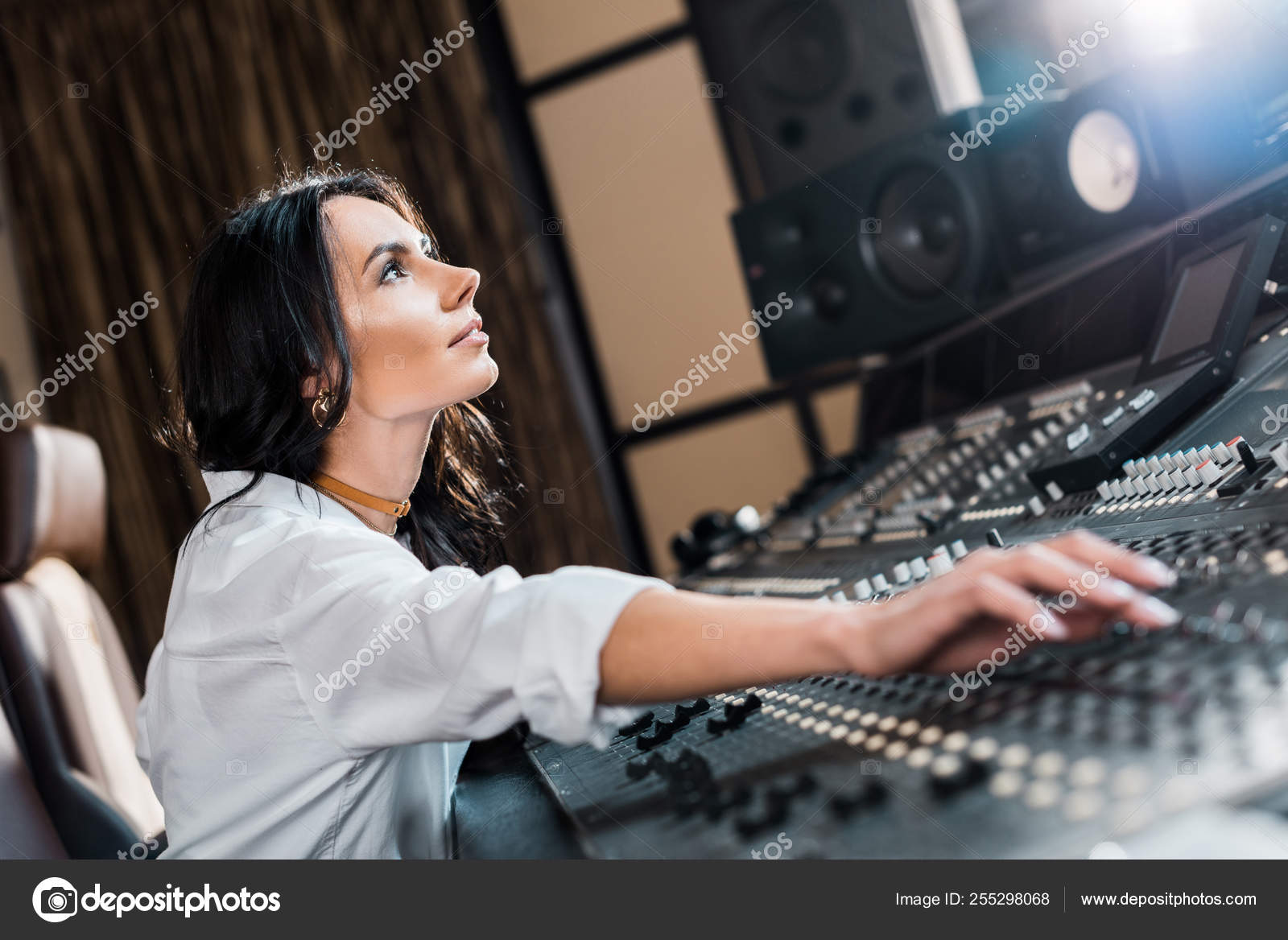 Pretty Smiling Musician Working Recording Studio Mixing Console ...