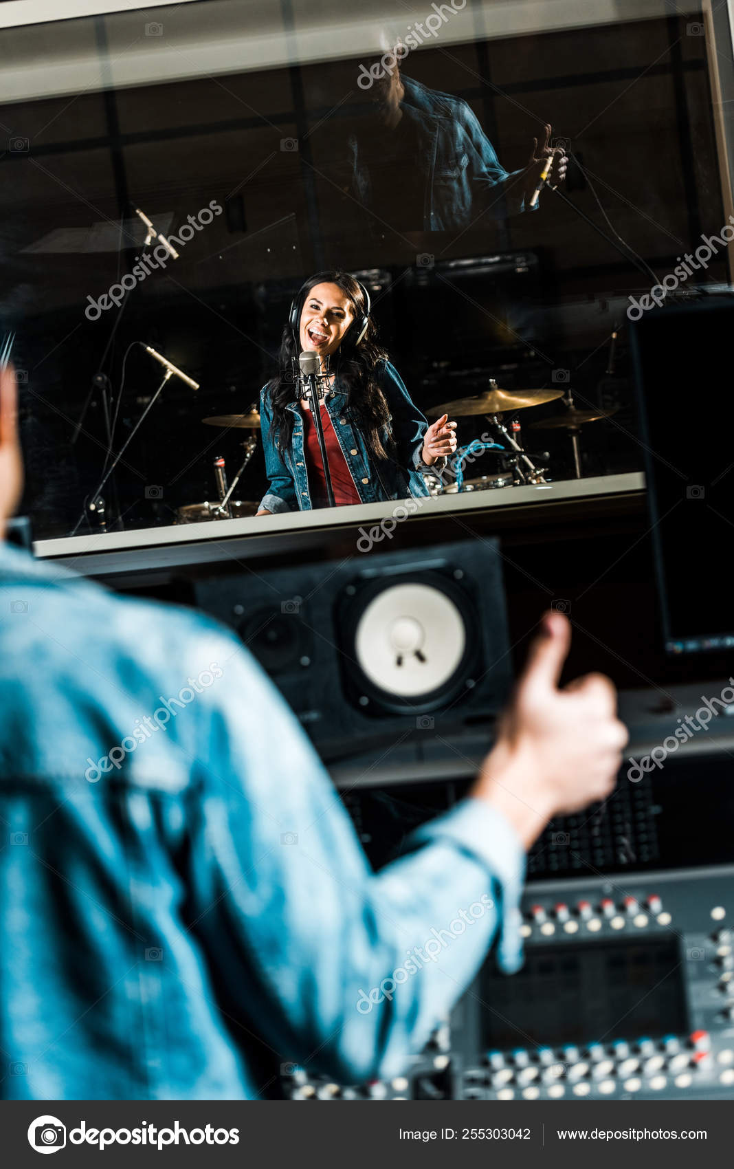 Selective Focus Mixed Race Sound Producer Showing Thumb Beautiful ...