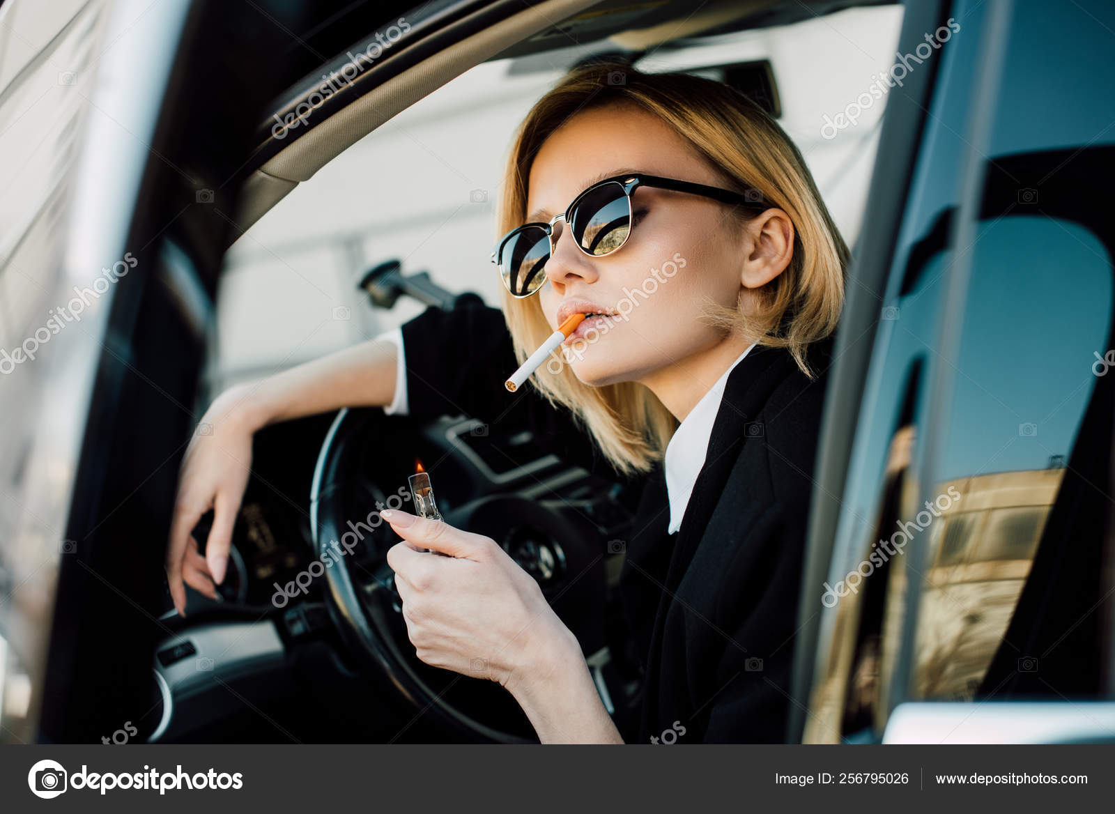 Blonde Woman Holding Lighter Fire While Smoking Cigarette Car — Stock ... Blonde Woman Holding Lighter Fire While Smoking Cigarette Car — Stock ...