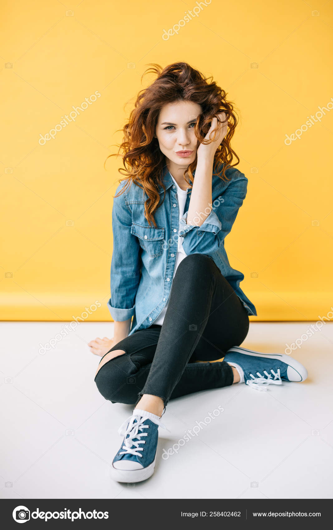 Beautiful Woman Duck Face Touching Hair While Sitting Orange Stock ...