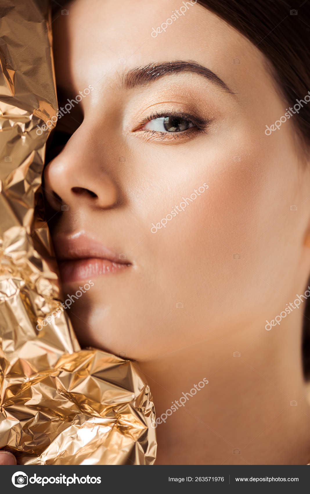 Young Beautiful Woman Shiny Makeup Golden Foil Looking Camera — Stock ...