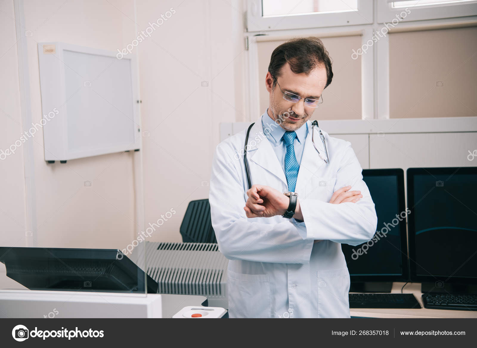 Handsome Doctor White Coat Glasses Checking Time Watch — Stock Photo ...