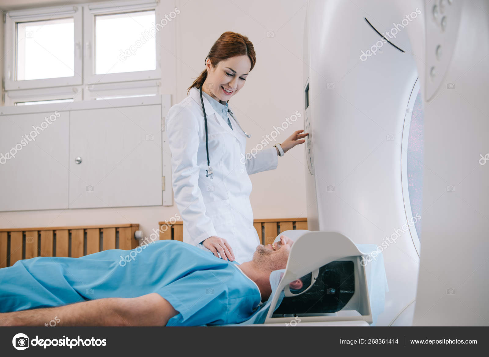 Pretty Young Radiologist Preparing Man Tomography Diagnostics Mri ...