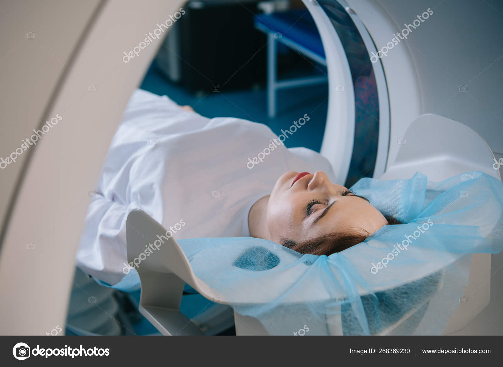 Young Woman Lying Scanner Bed Tomography Diagnostics Hospital — Stock ...