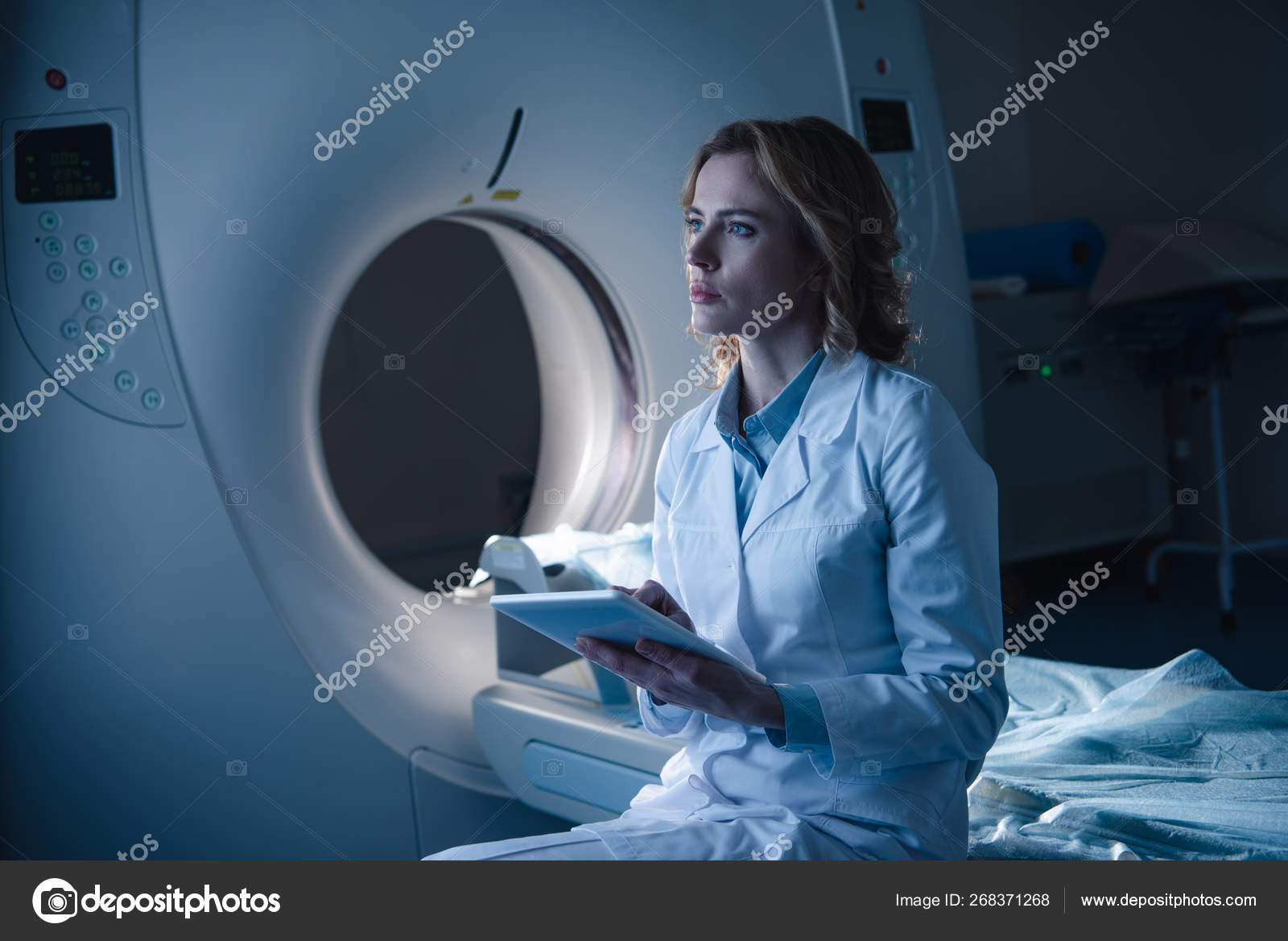Serious Radiologist Holding Digital Tablet While Sitting Computed ...