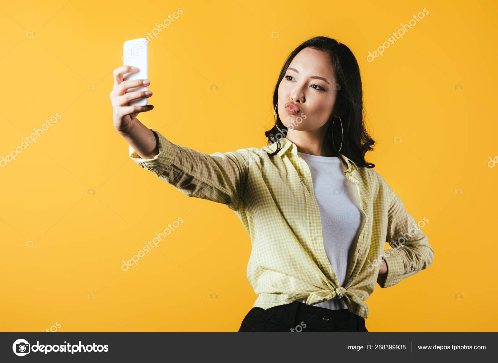 Attractive Asian Girl Taking Selfie Smartphone Isolated Yellow — Stock Photo © VitalikRadko ...