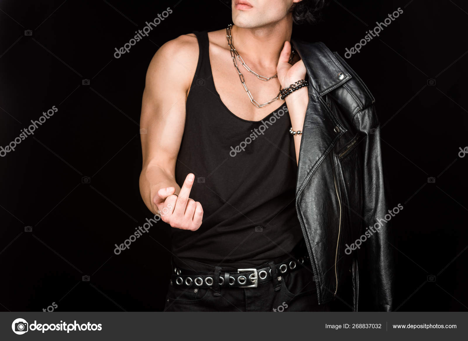 Cropped View Man Showing Middle Finger Holding Leather Jacket Isolated ...