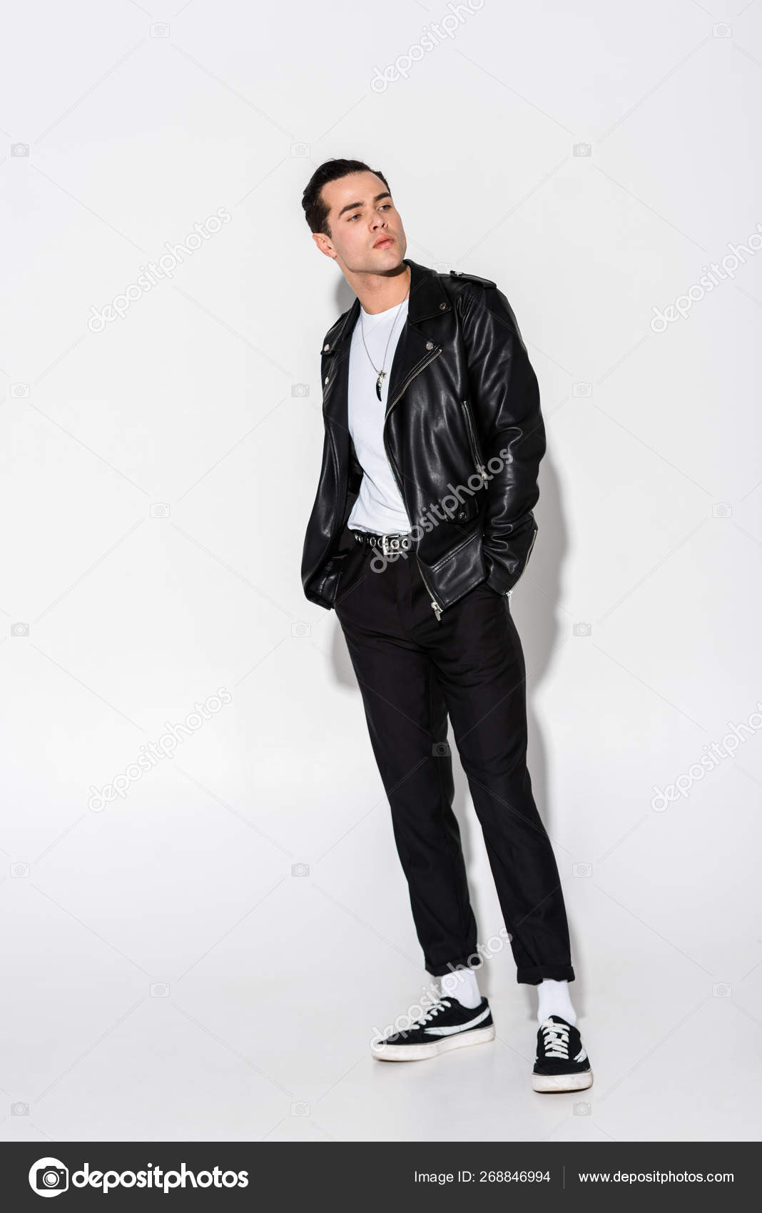 Handsome Man Leather Jacket Standing Hands Pockets White — Stock Photo ...