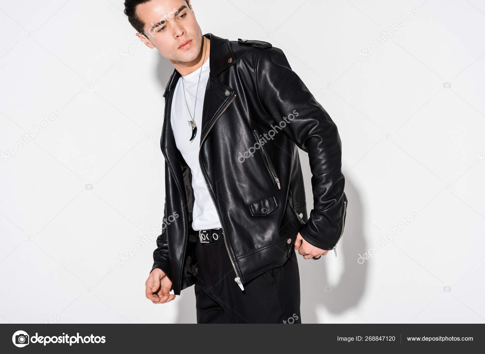 Stylish Man Leather Jacket Standing White — Stock Photo © VitalikRadko ...
