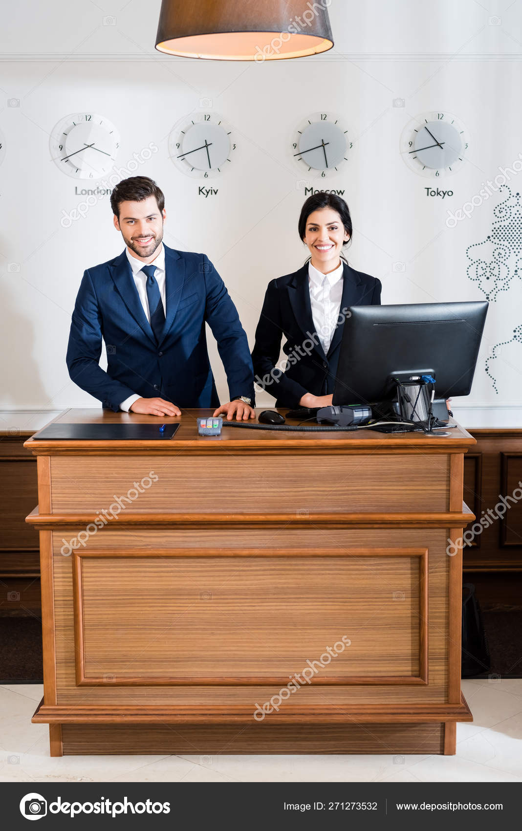Cheerful Receptionists Formal Wear Standing Reception Desk — Stock ...