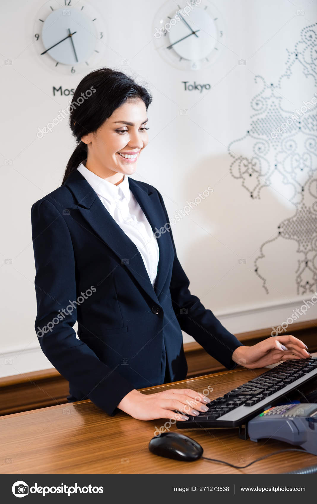 Cheerful Receptionist Standing Computer Keyboard Hotel — Stock Photo ...