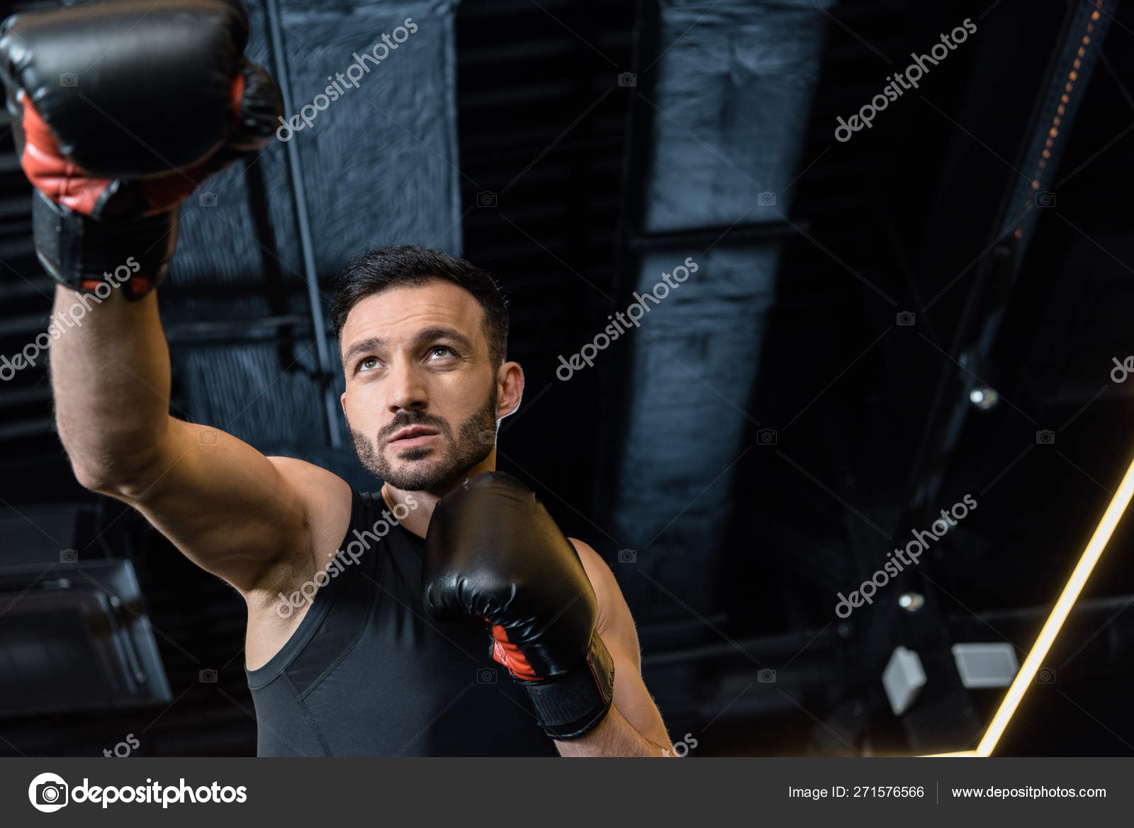 Low Angle View Handsome Man Exercising Boxing Gloves — Stock Photo ...